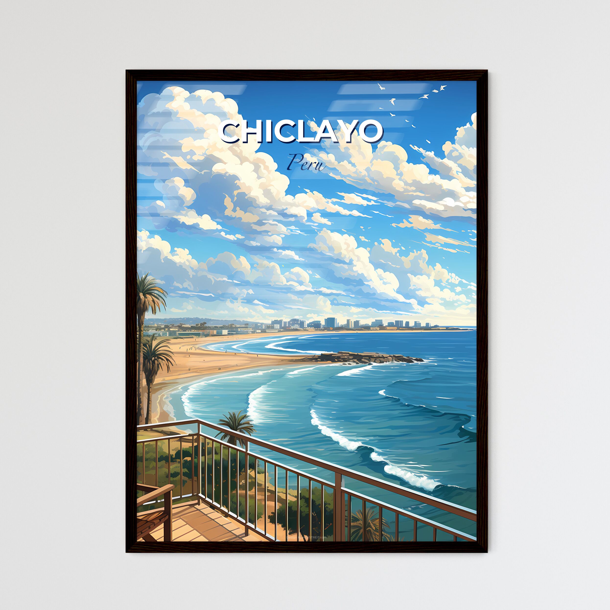 Chiclayo Peru Skyline - a view of a beach and palm trees from a balcony | AI Art by HEBSTREIT
