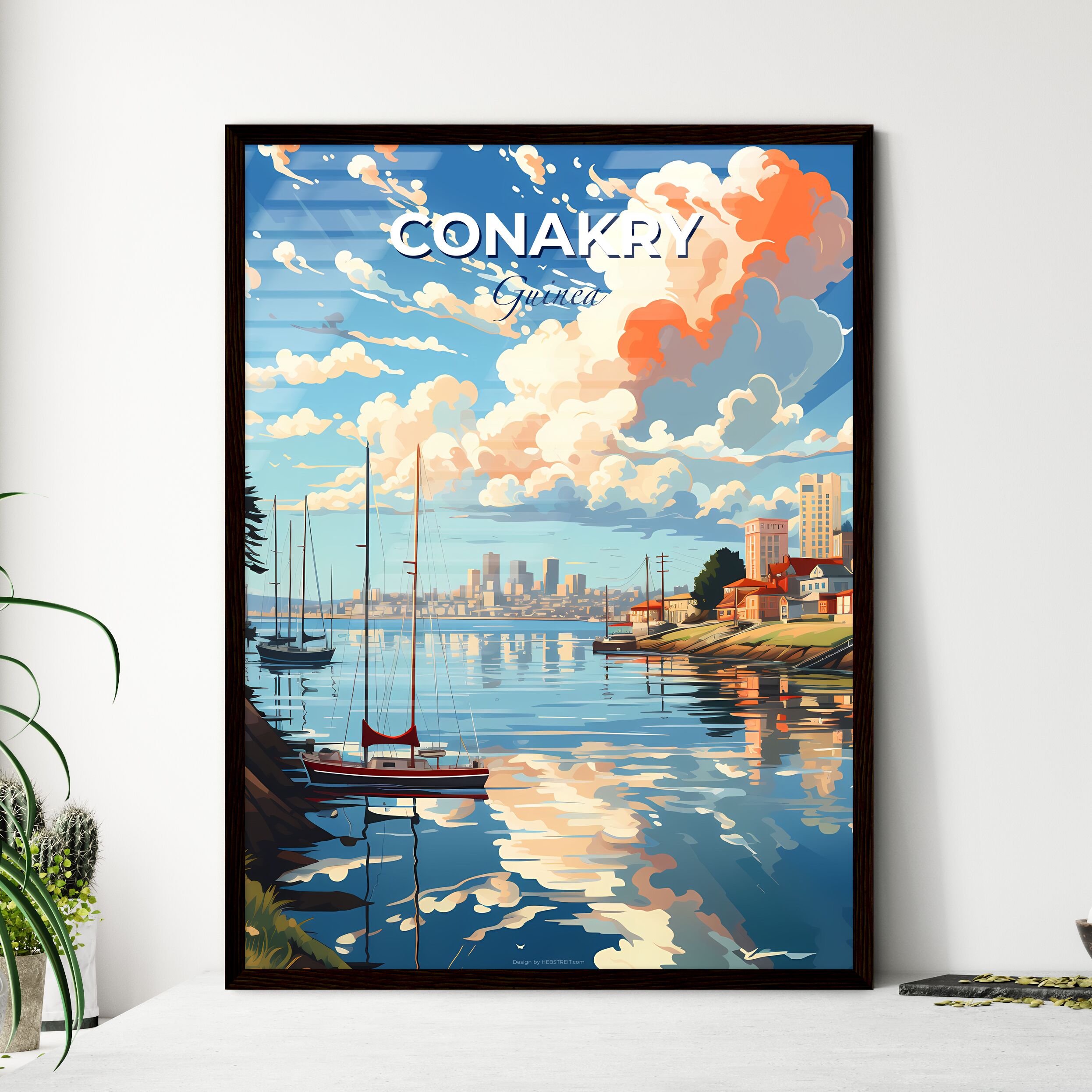 Vibrant Cityscape Painting of Conakry Guinea Featuring Skyline and Water | AI Art by HEBSTREIT