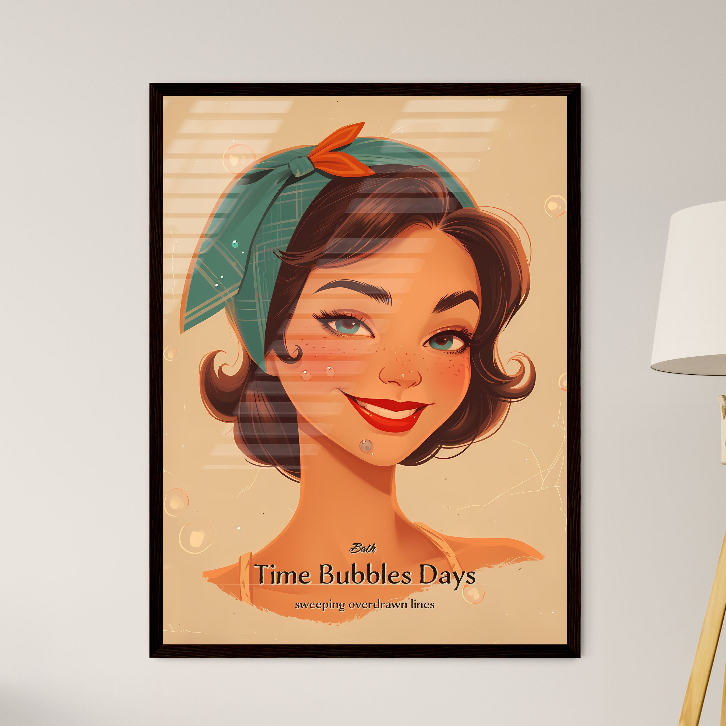 Bath, Time Bubbles Days, sweeping overdrawn lines, A Poster of a cartoon of a woman by HEBSTREIT