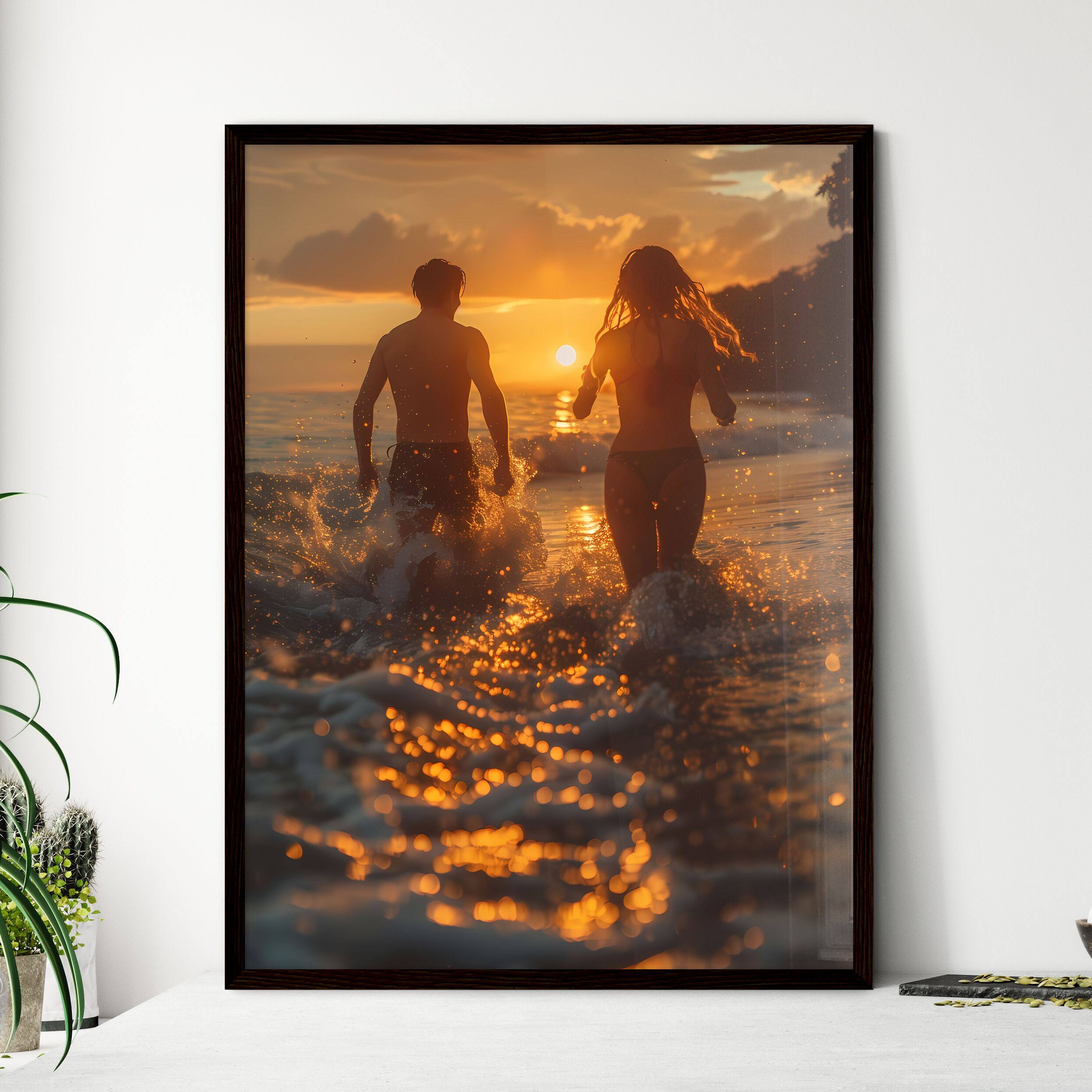 A couple chasing each other on the beach at sunrise, close-up - a man ...