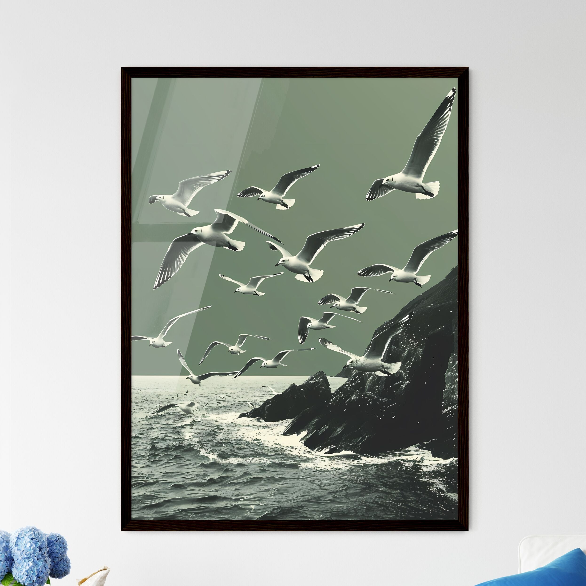 A flock of flying seagulls, solid color background - a flock of birds ...