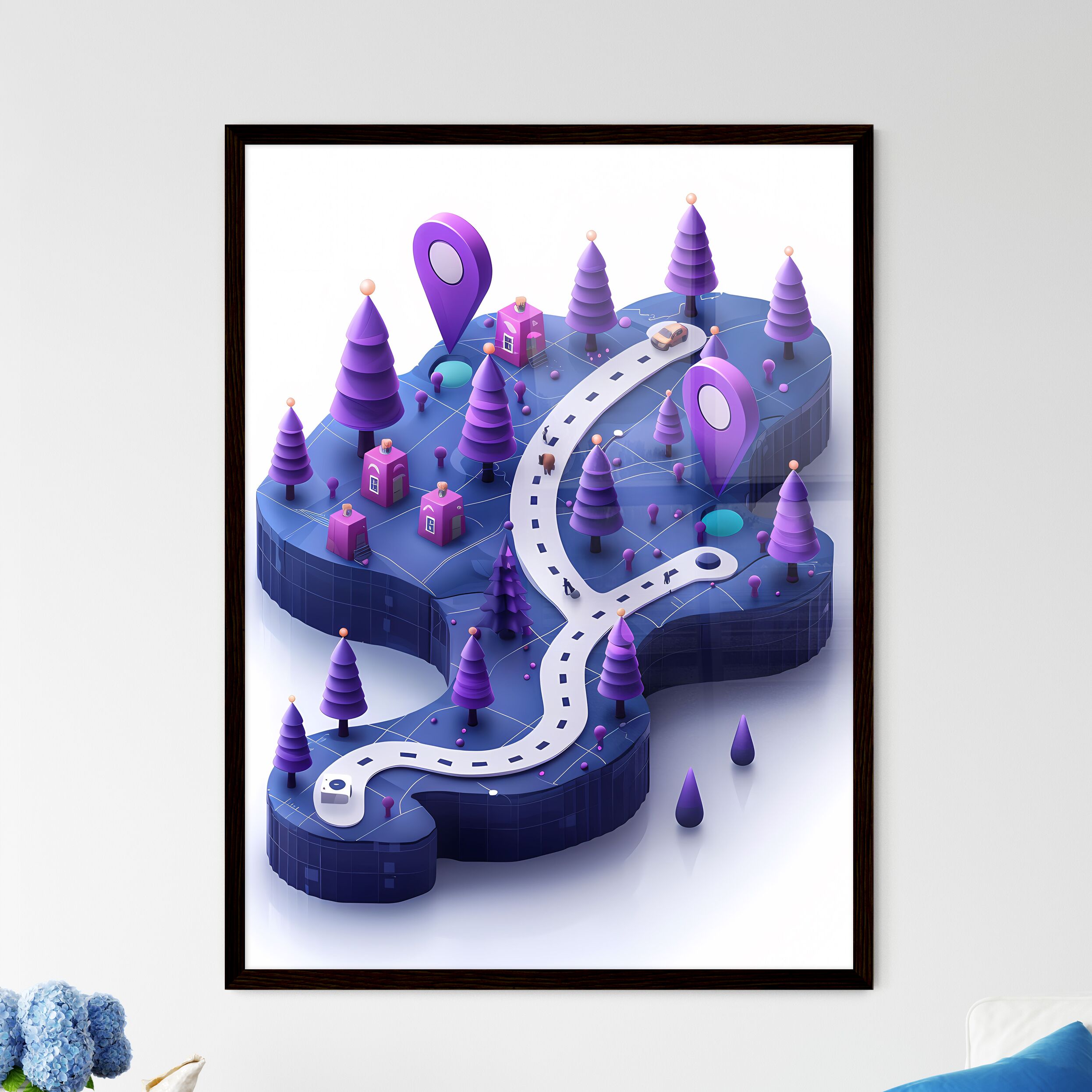 Isometric paper map illustration with purple - Framed Art Print – HEBSTREIT