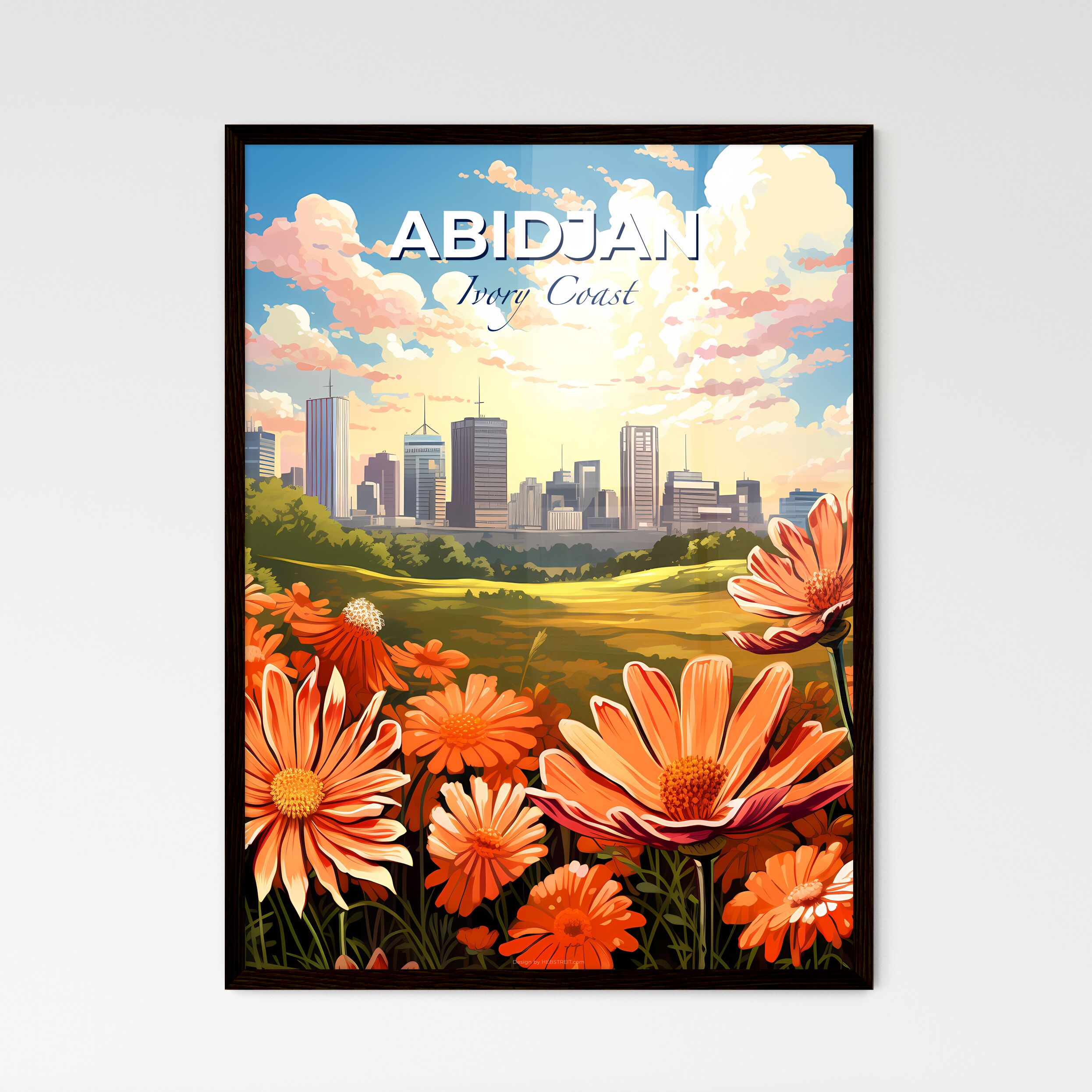 Abidjan Ivory Coast Skyline - Vibrant Painting of Cityscape with Orange ...