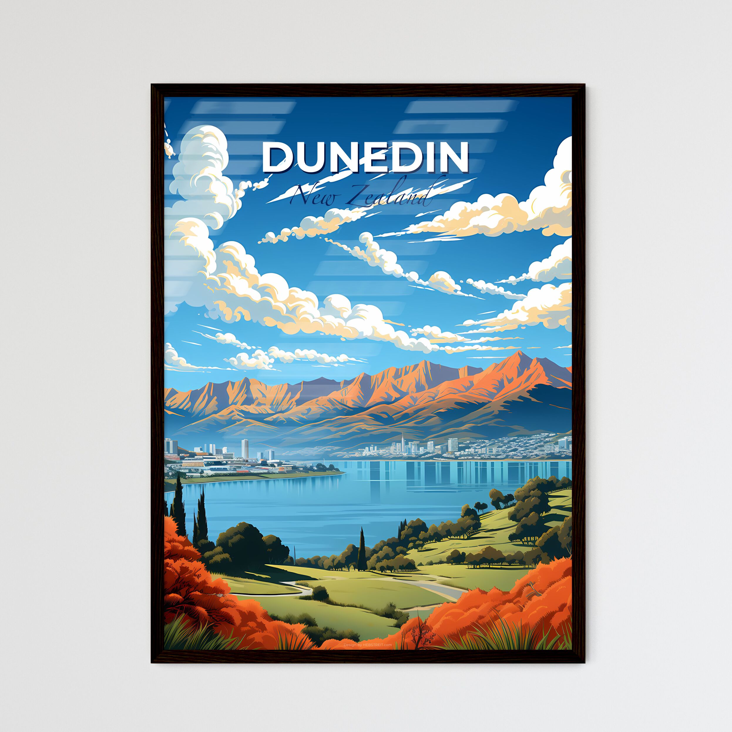 Dunedin New Zealand Skyline: Vibrant Landscape Painting with Lake and ...