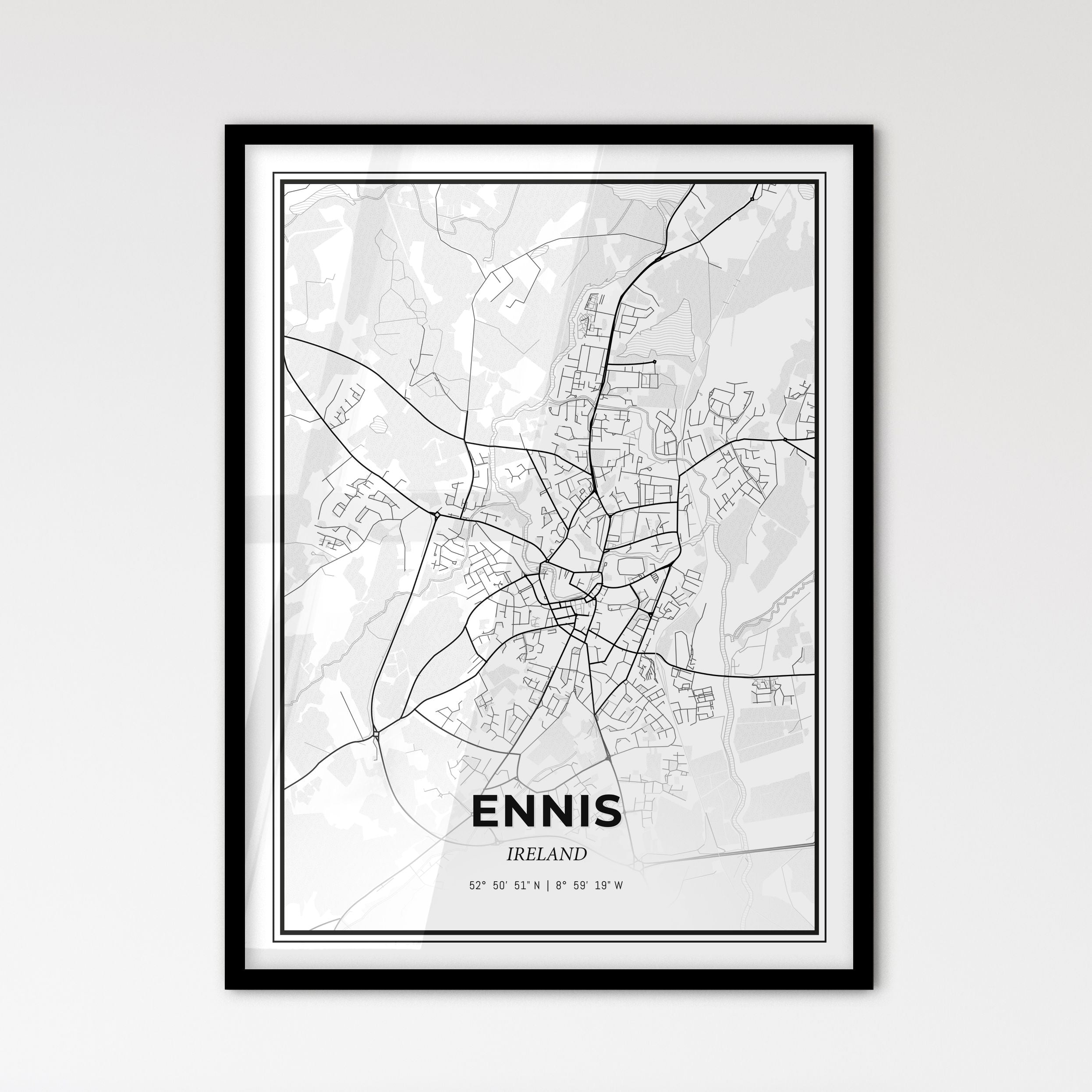 Ennis Ireland Map - Black and White Art Print – HEBSTREIT