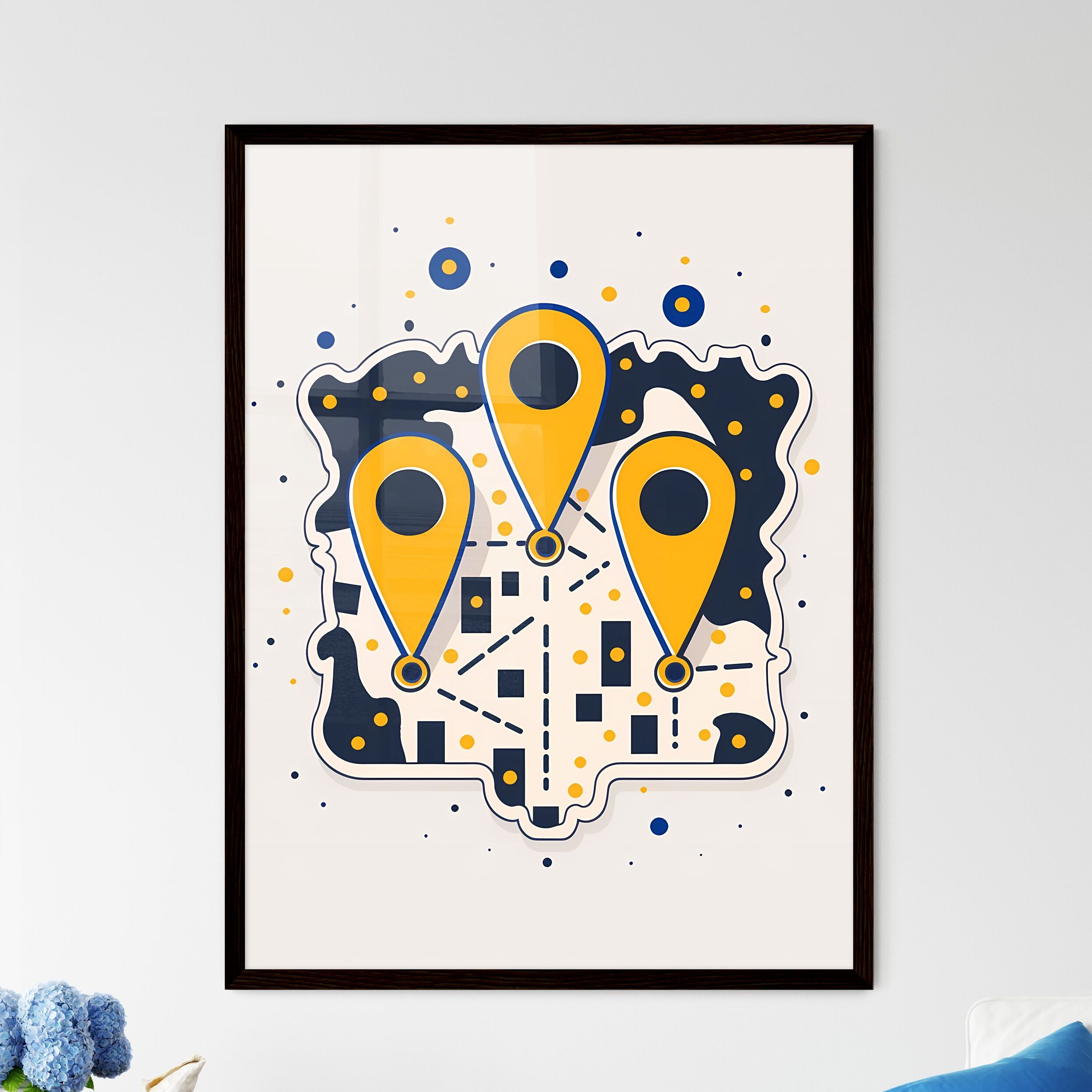 Flat minimalist illustration of 3 map markers connected with a line of ...