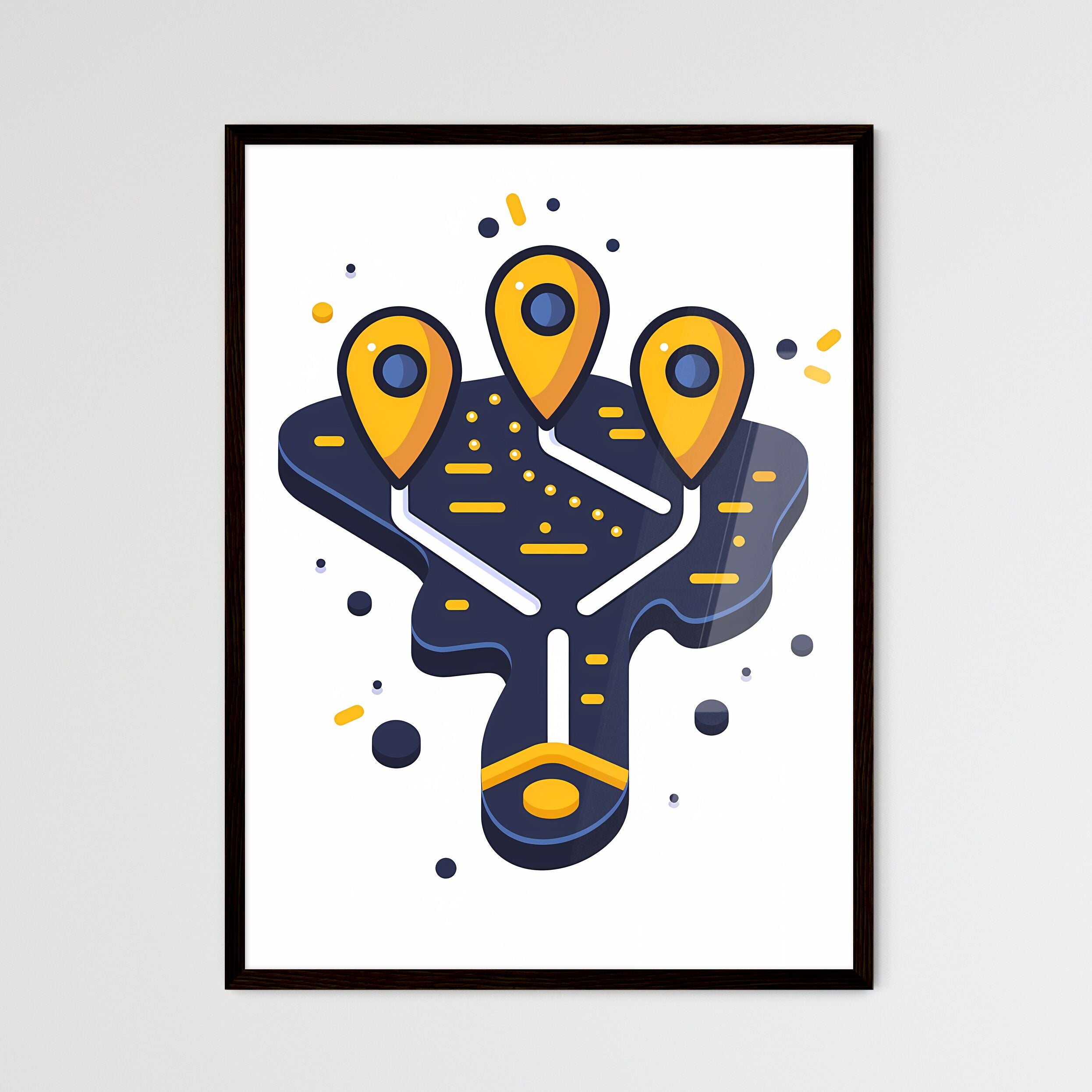Flat minimalist illustration of 3 map markers connected with a line of ...