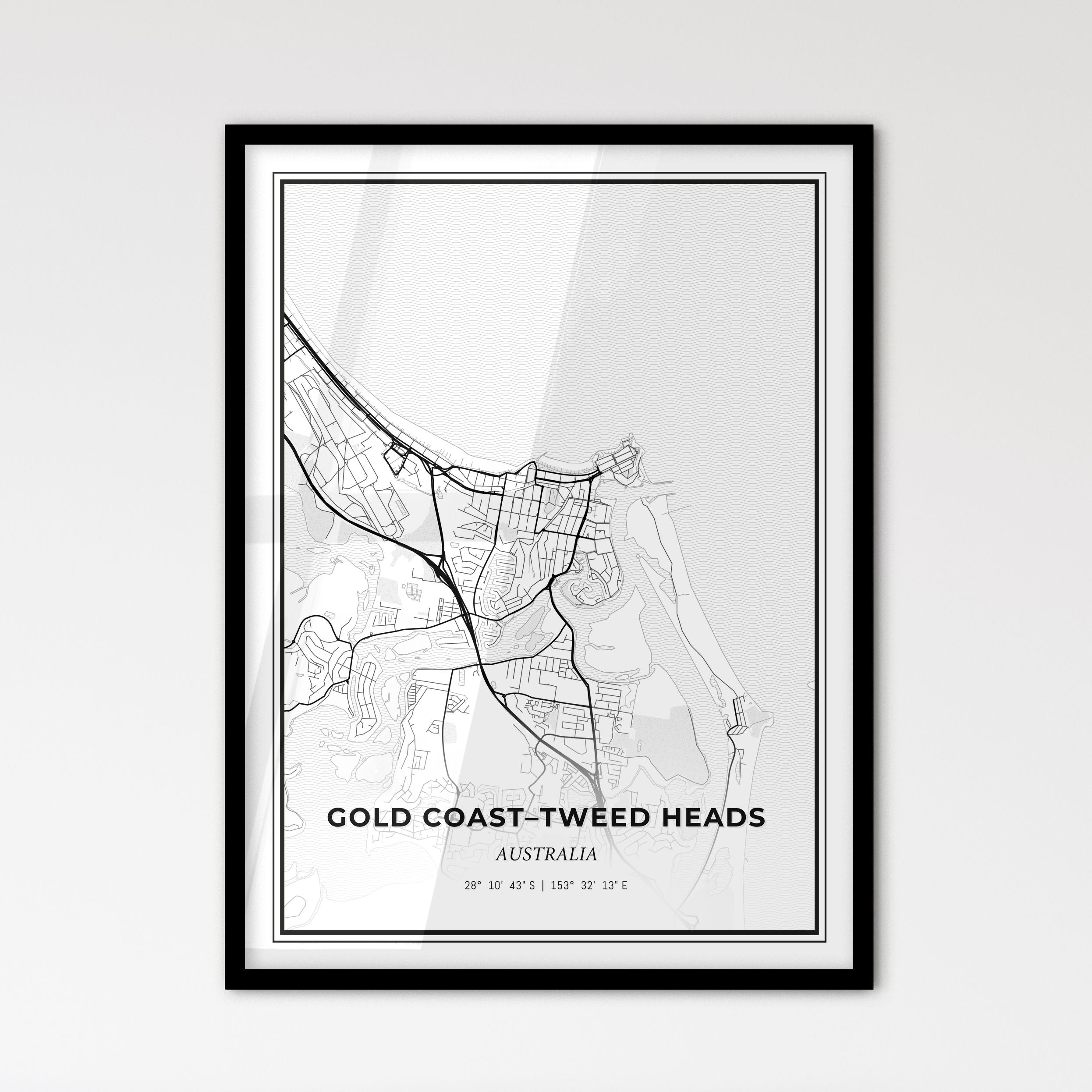 Gold Coast–Tweed Heads Australia Map - Black and White Art Print ...