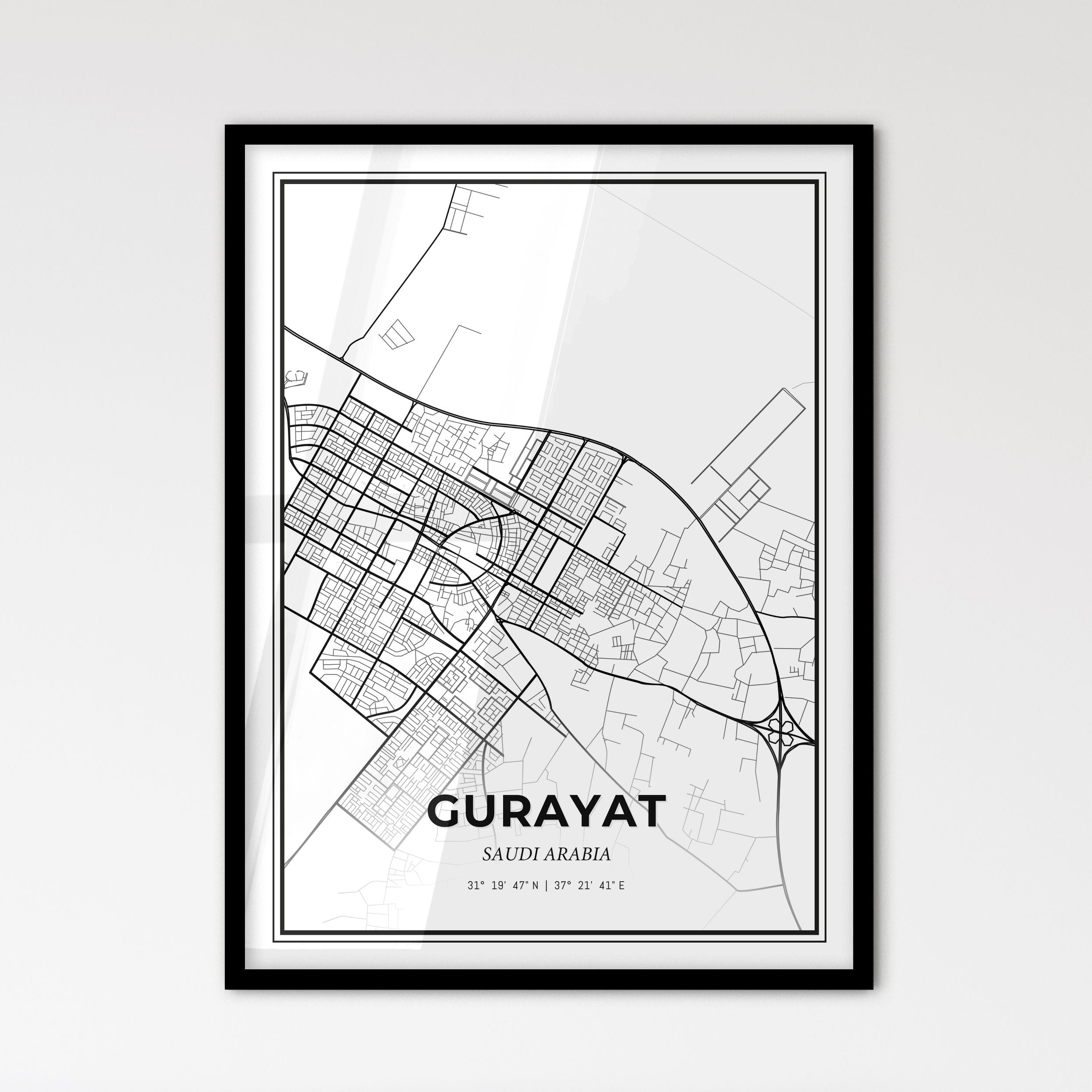 Gurayat Saudi Arabia Map - Black and White Art Print – HEBSTREIT