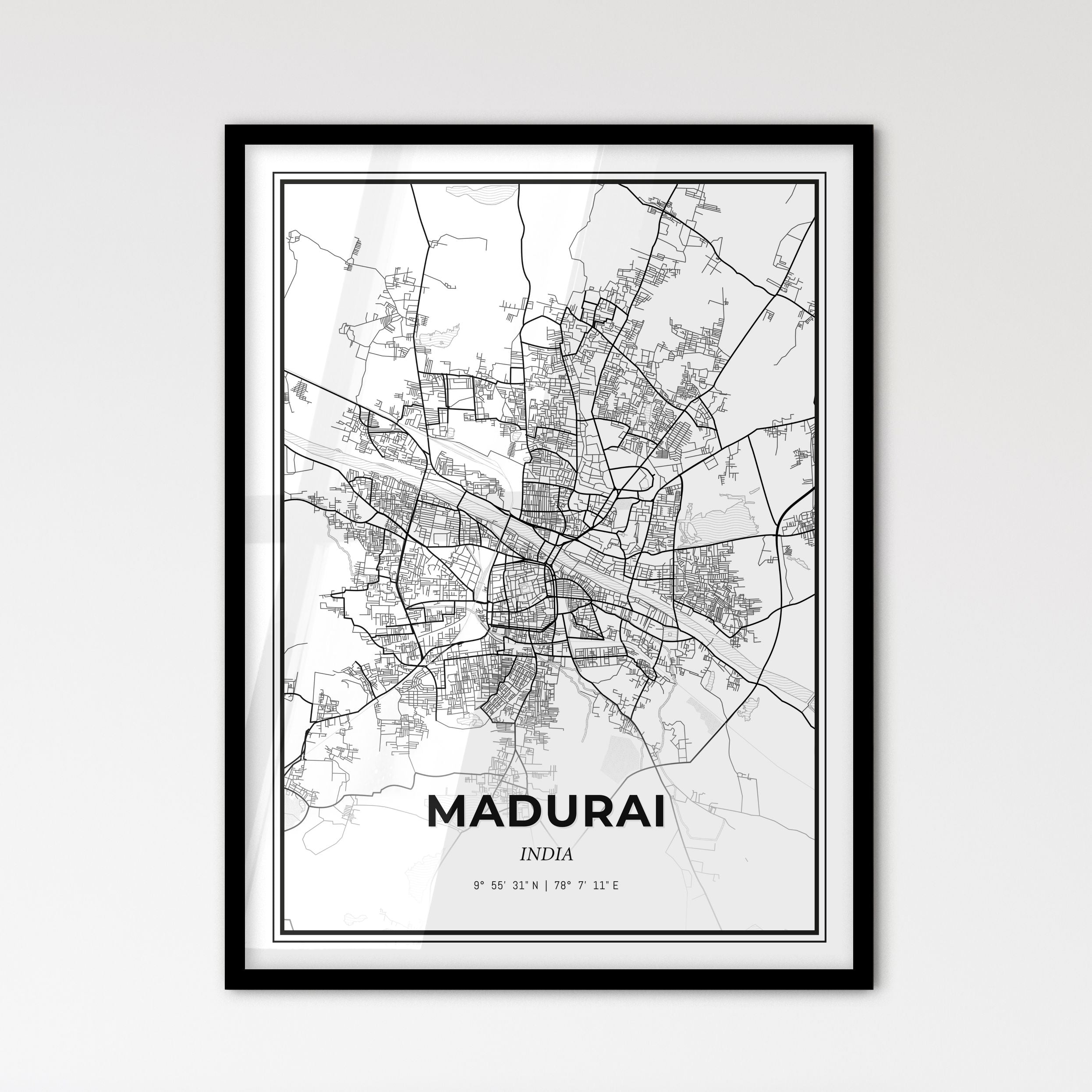 Madurai India Map - Black and White Art Print – HEBSTREIT
