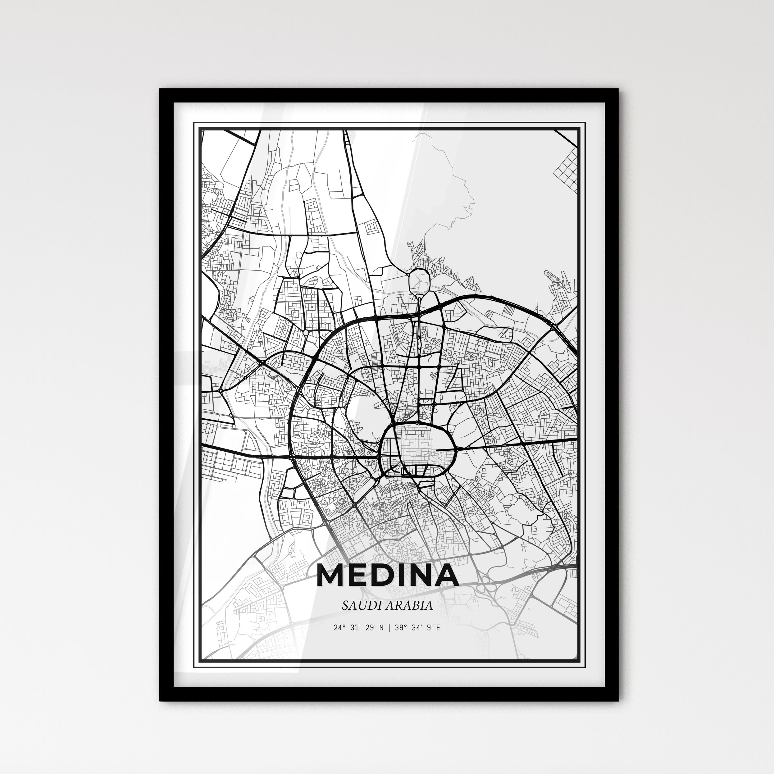 Medina Saudi Arabia Map - Black and White Art Print – HEBSTREIT