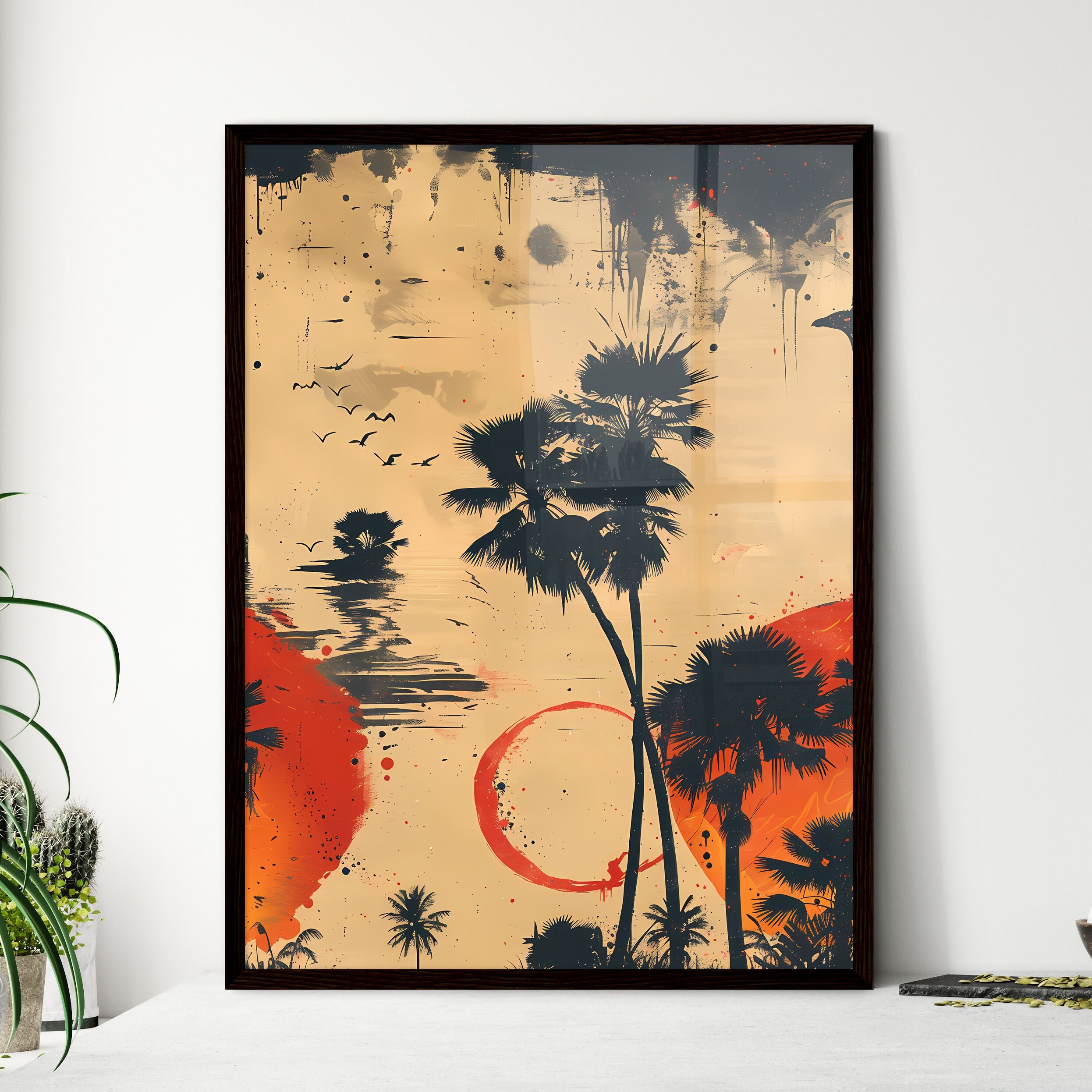 Minimalist African themed background - a giraffes and palm trees in a ...