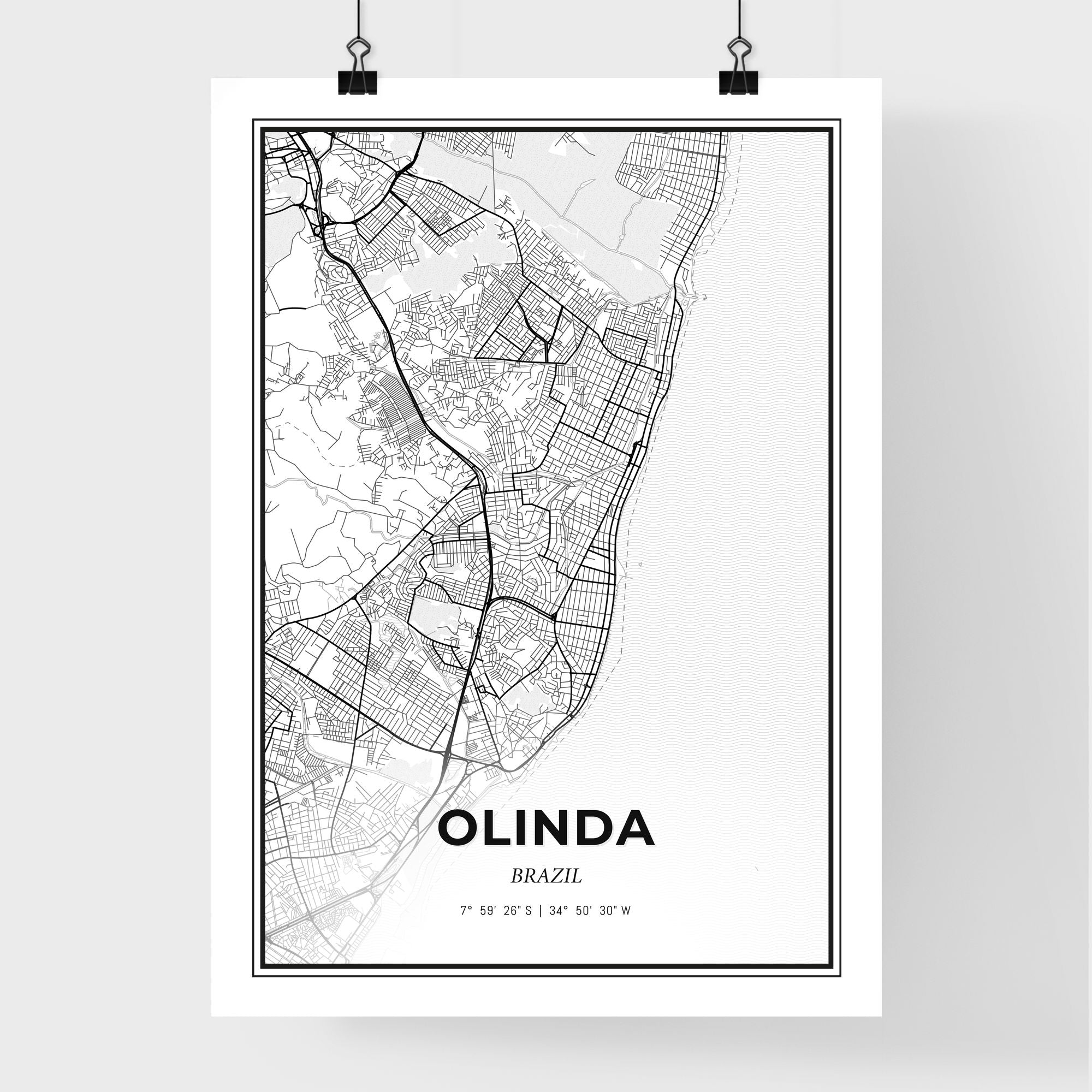 Olinda Brazil Map - Black and White Art Print – HEBSTREIT