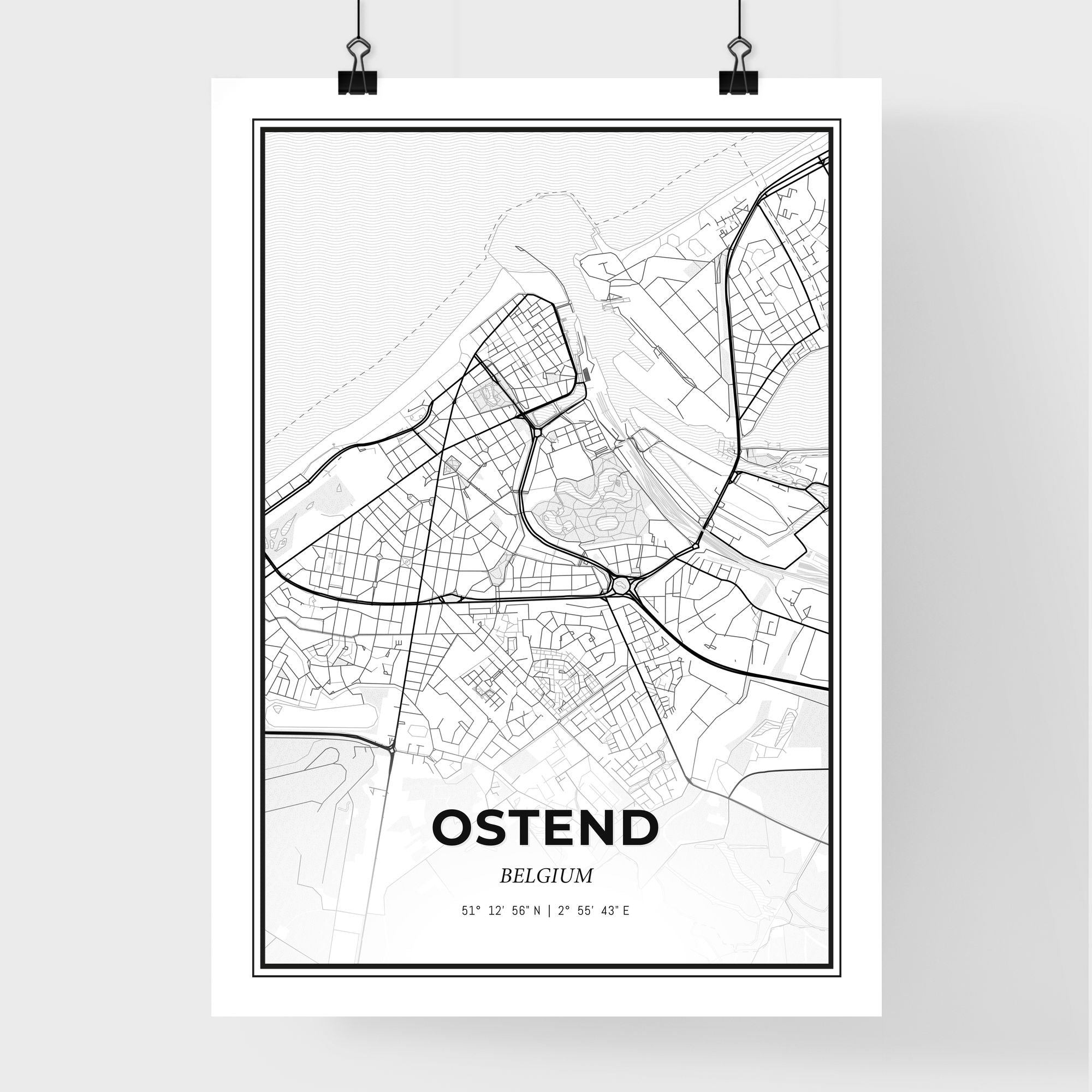 Ostend Belgium Map - Black and White Art Print – HEBSTREIT