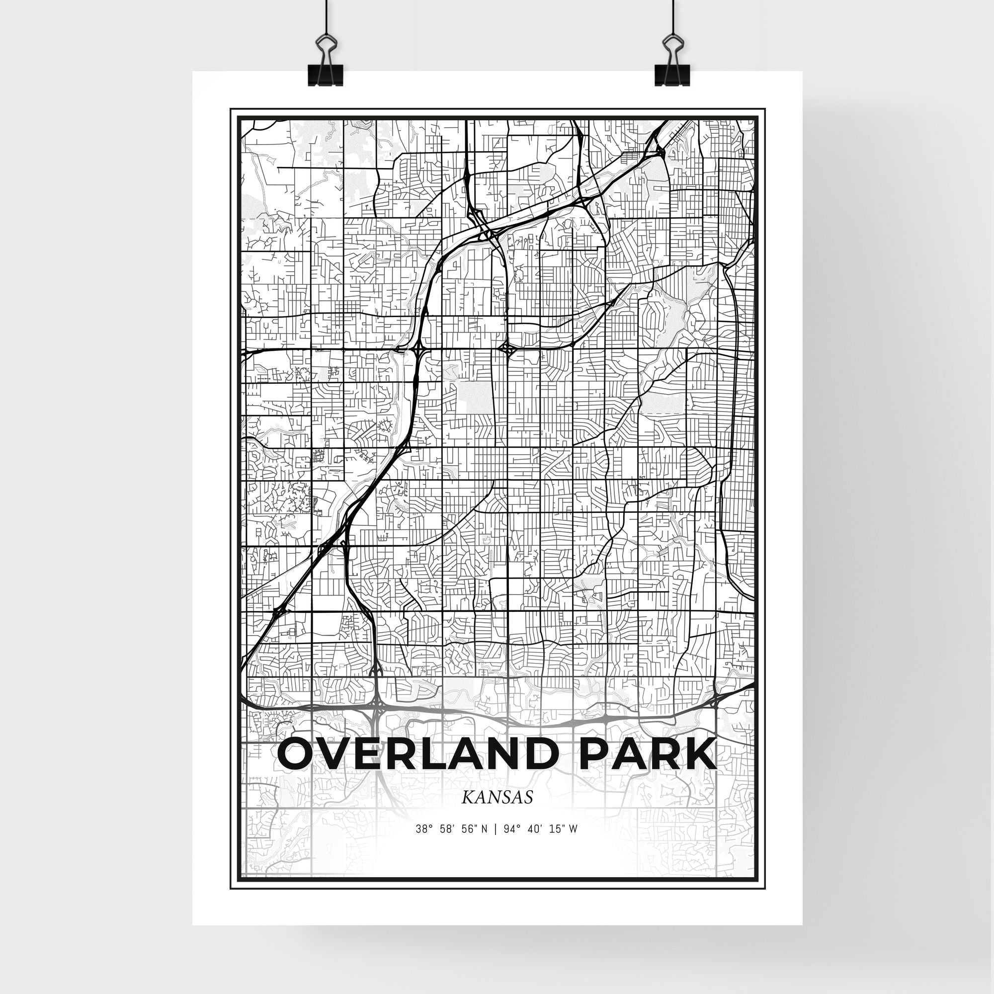 Overland Park Kansas Map - Black and White Art Print – HEBSTREIT