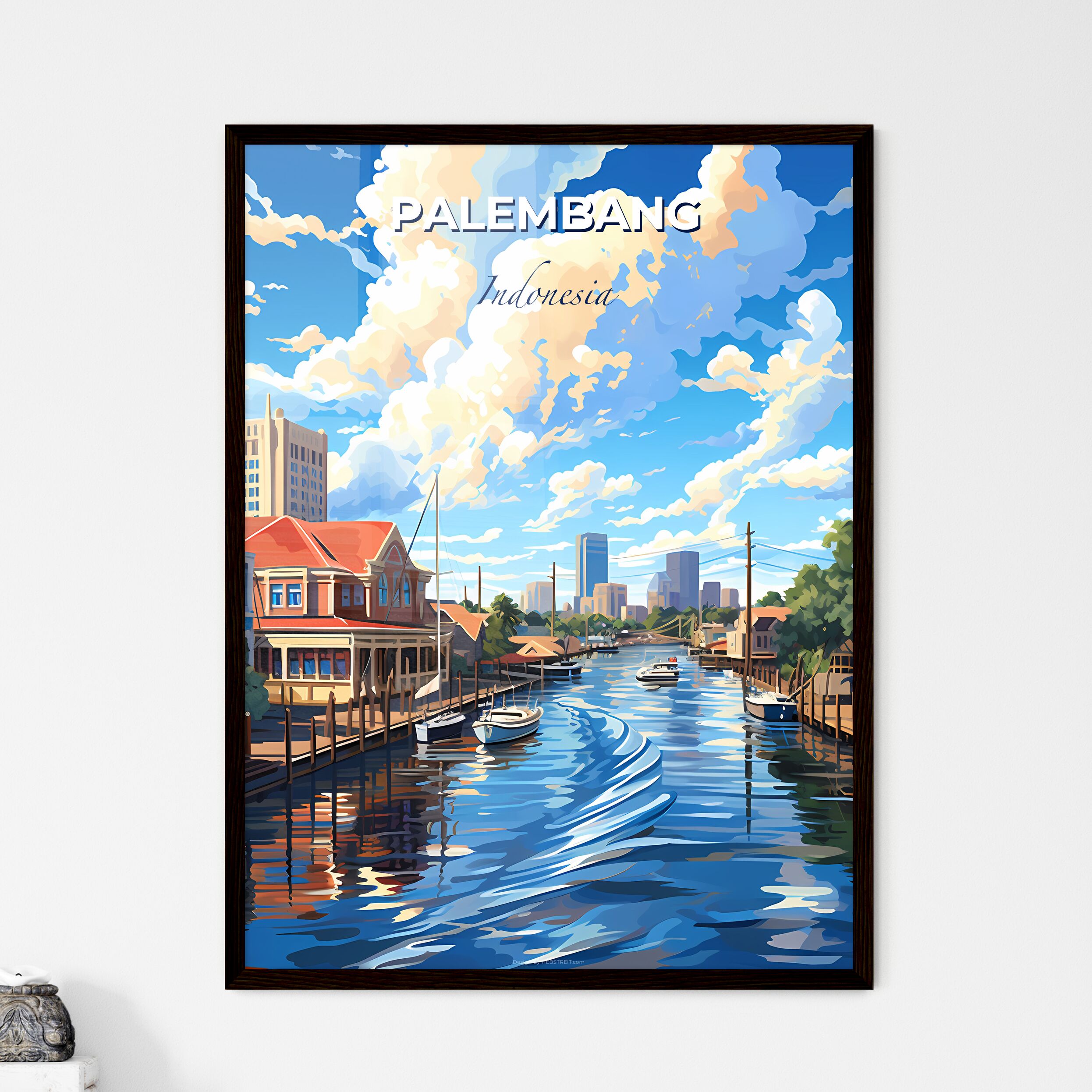 Palembang Indonesia Skyline - a water way with boats and buildings in ...