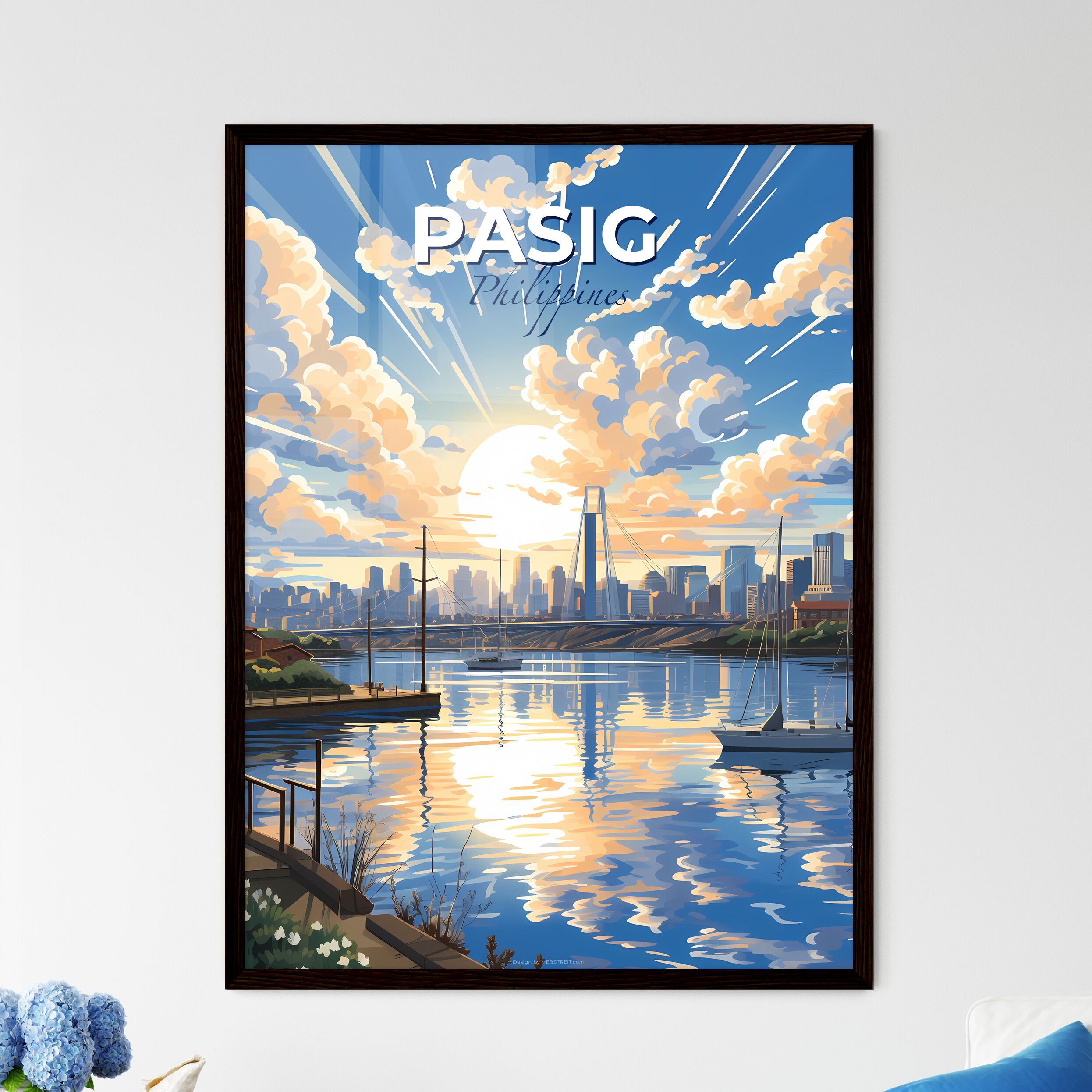 Pasig Philippines Skyline - a painting of a city and a river with boats ...