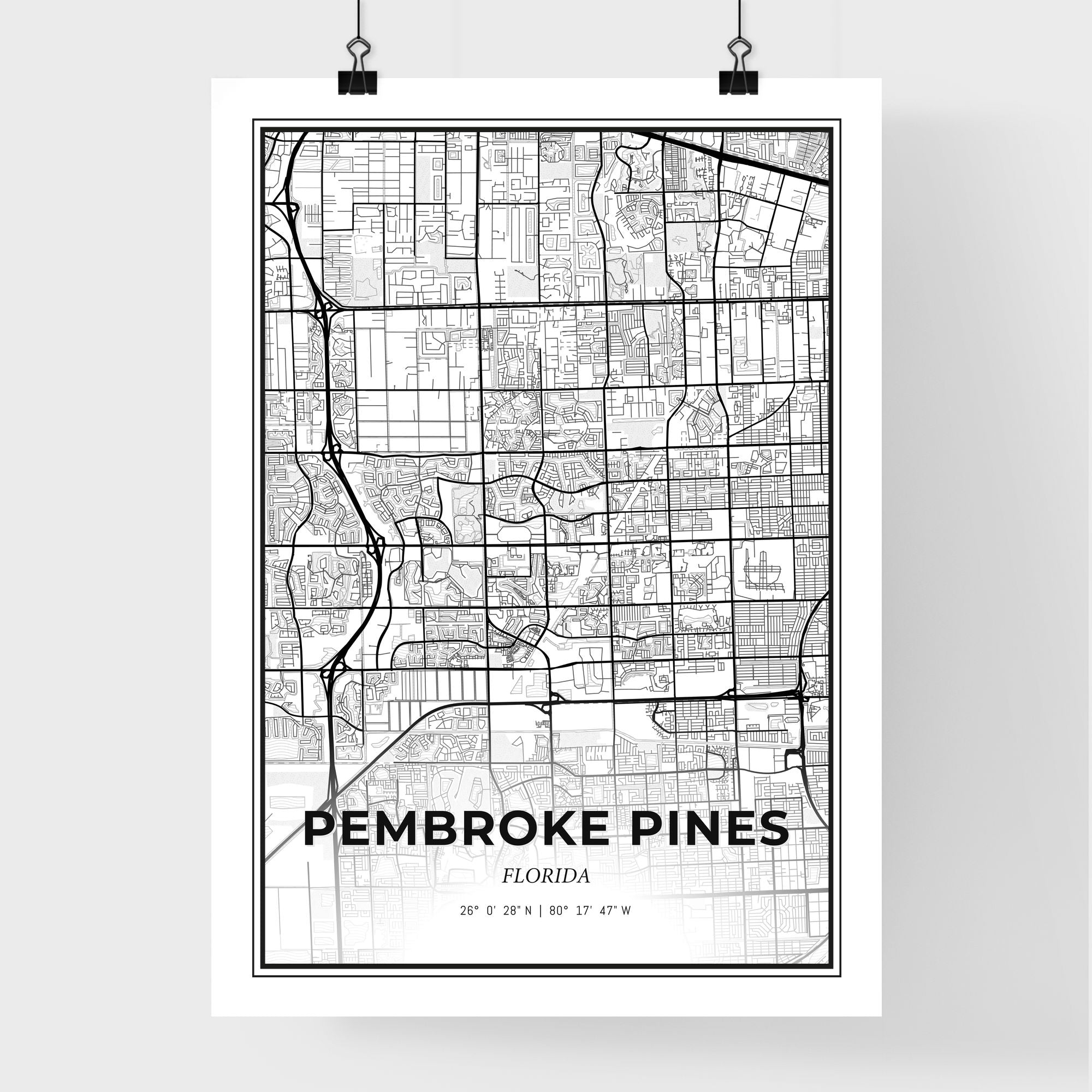 Pembroke Pines Florida Map - Black and White Art Print – HEBSTREIT