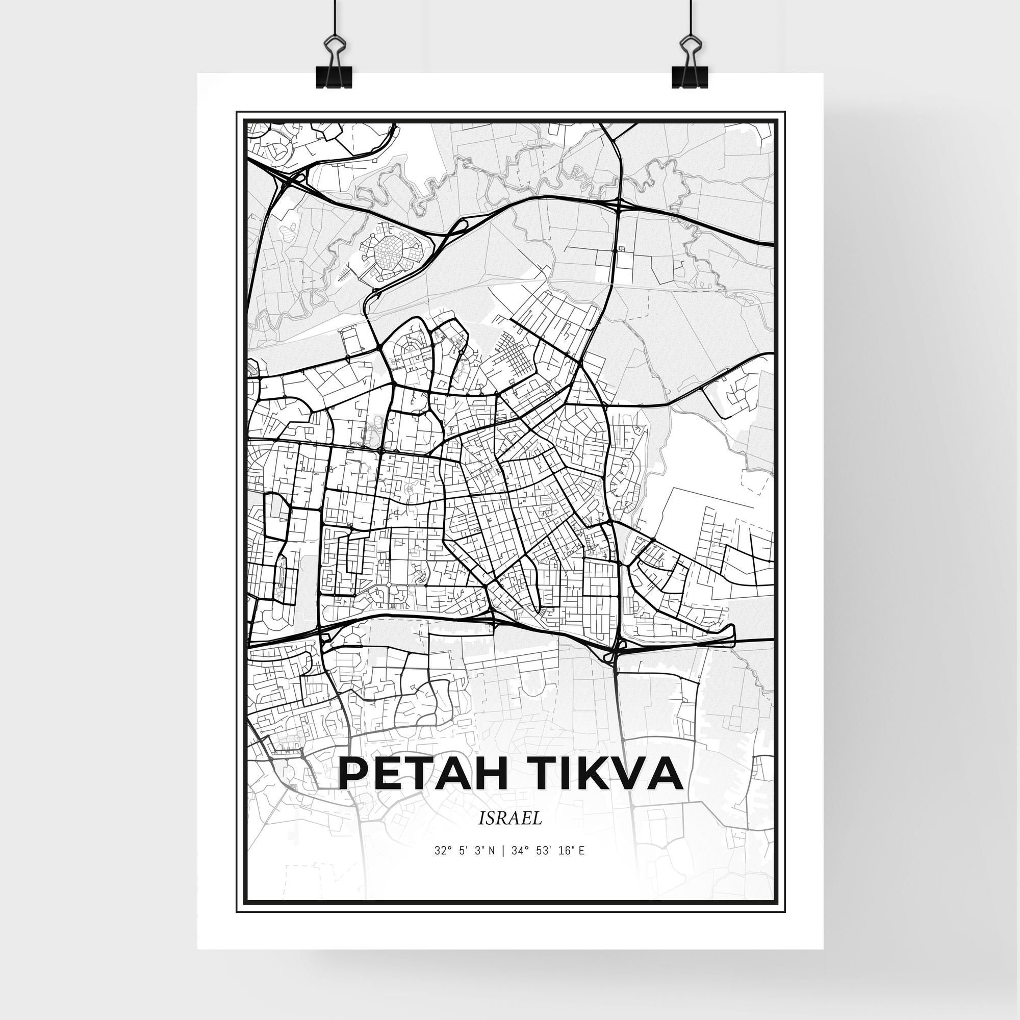 Petah Tikva Israel Map - Black and White Art Print – HEBSTREIT