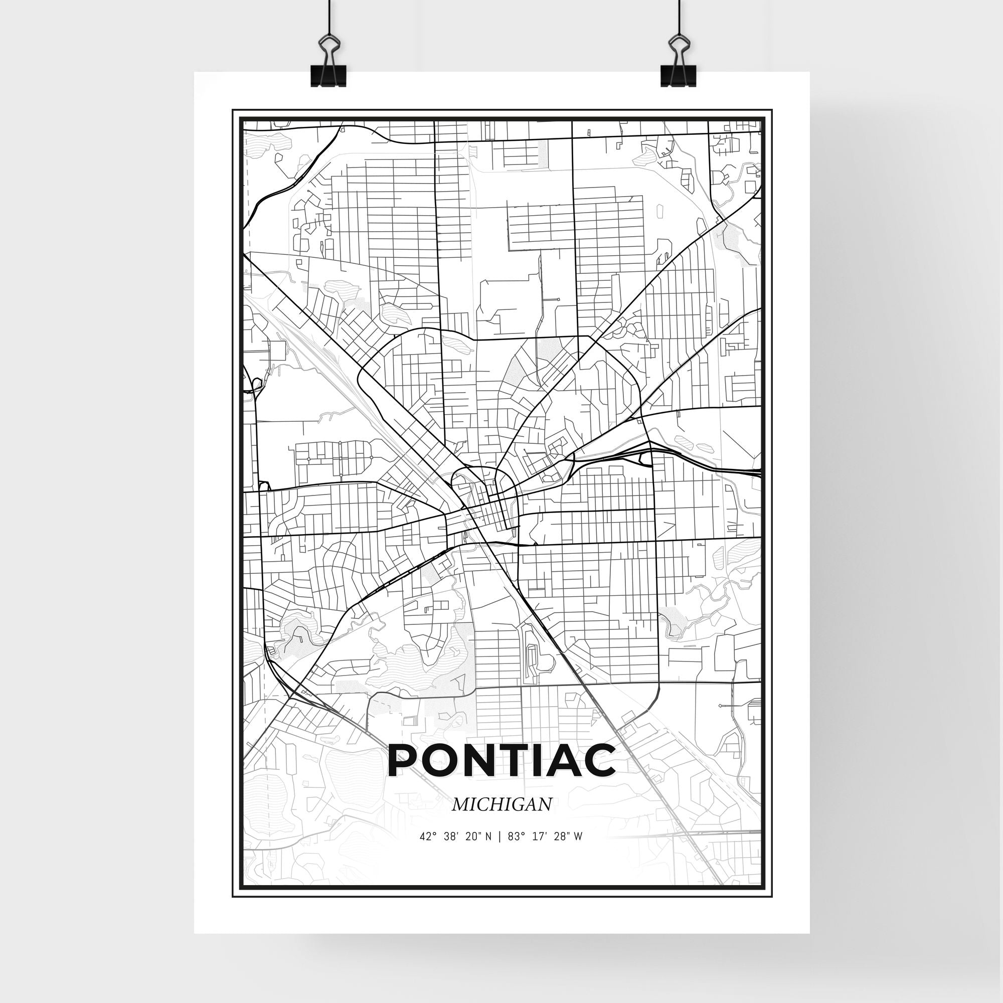 Pontiac Michigan Map - Black and White Art Print – HEBSTREIT