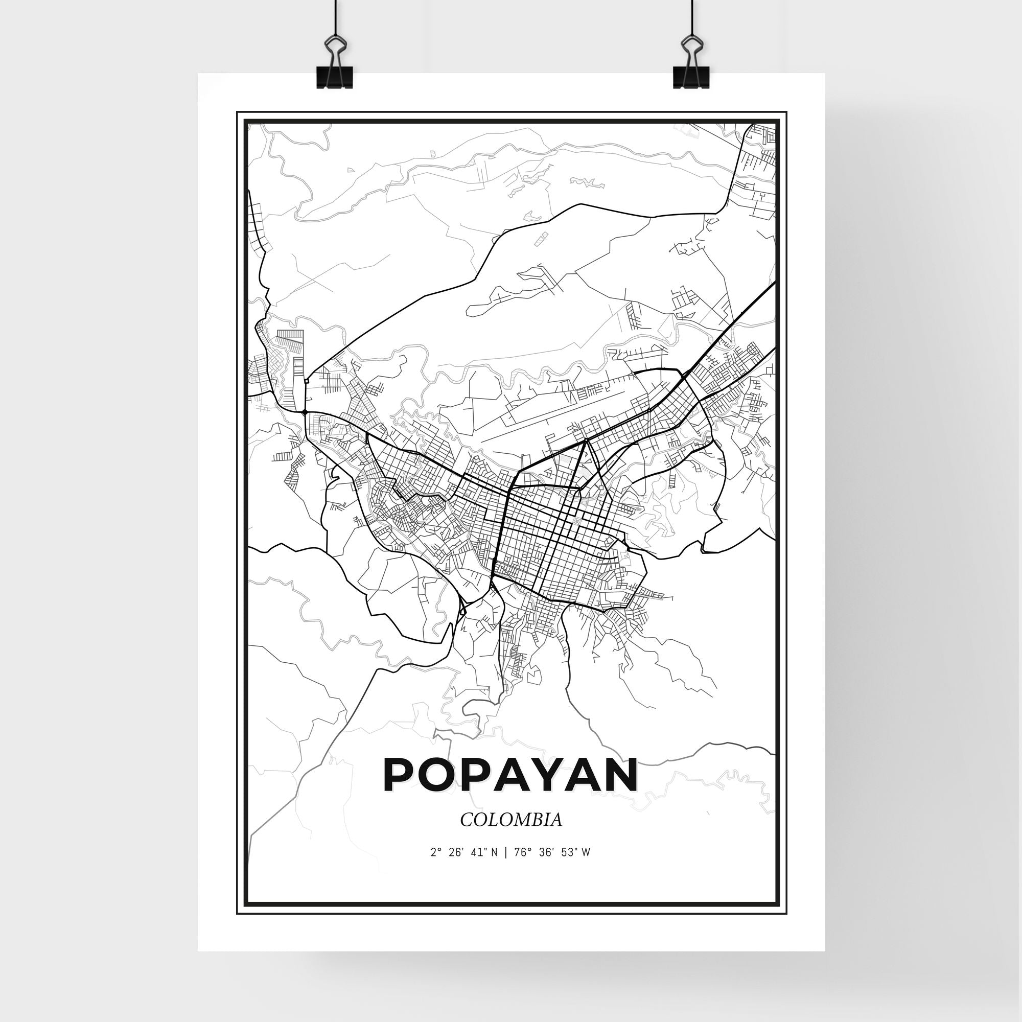 Popayan Colombia Map - Black and White Art Print – HEBSTREIT
