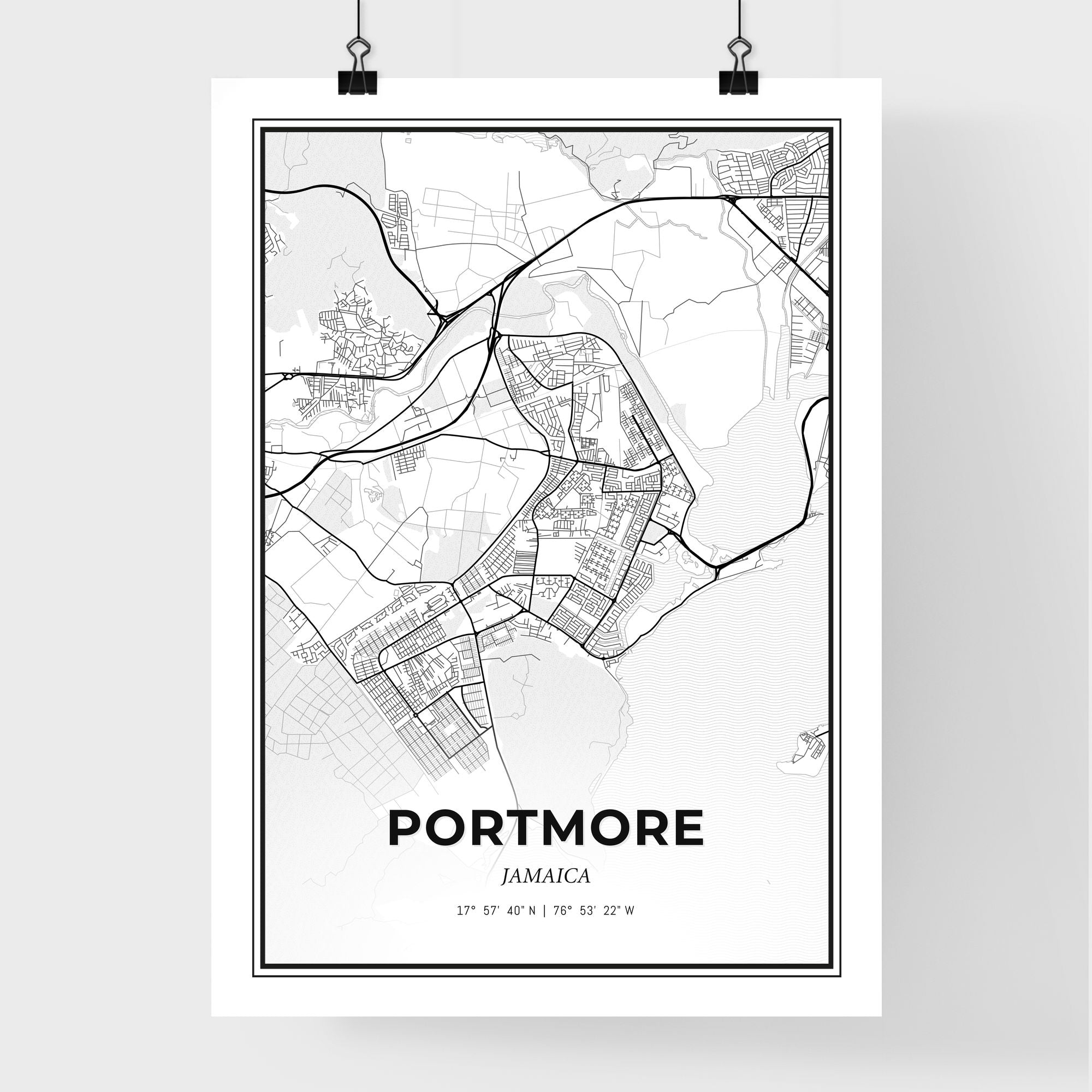 Portmore Jamaica Map - Black and White Art Print – HEBSTREIT