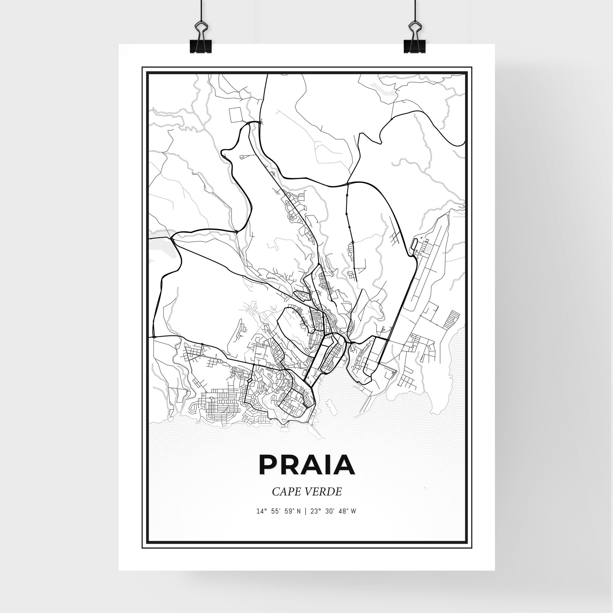Praia Cape Verde Map - Black and White Art Print – HEBSTREIT