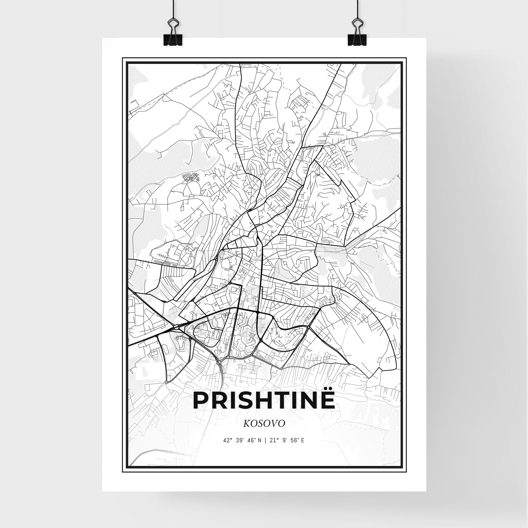 Prishtinë / Priština Kosovo Map - Black and White Art Print – HEBSTREIT