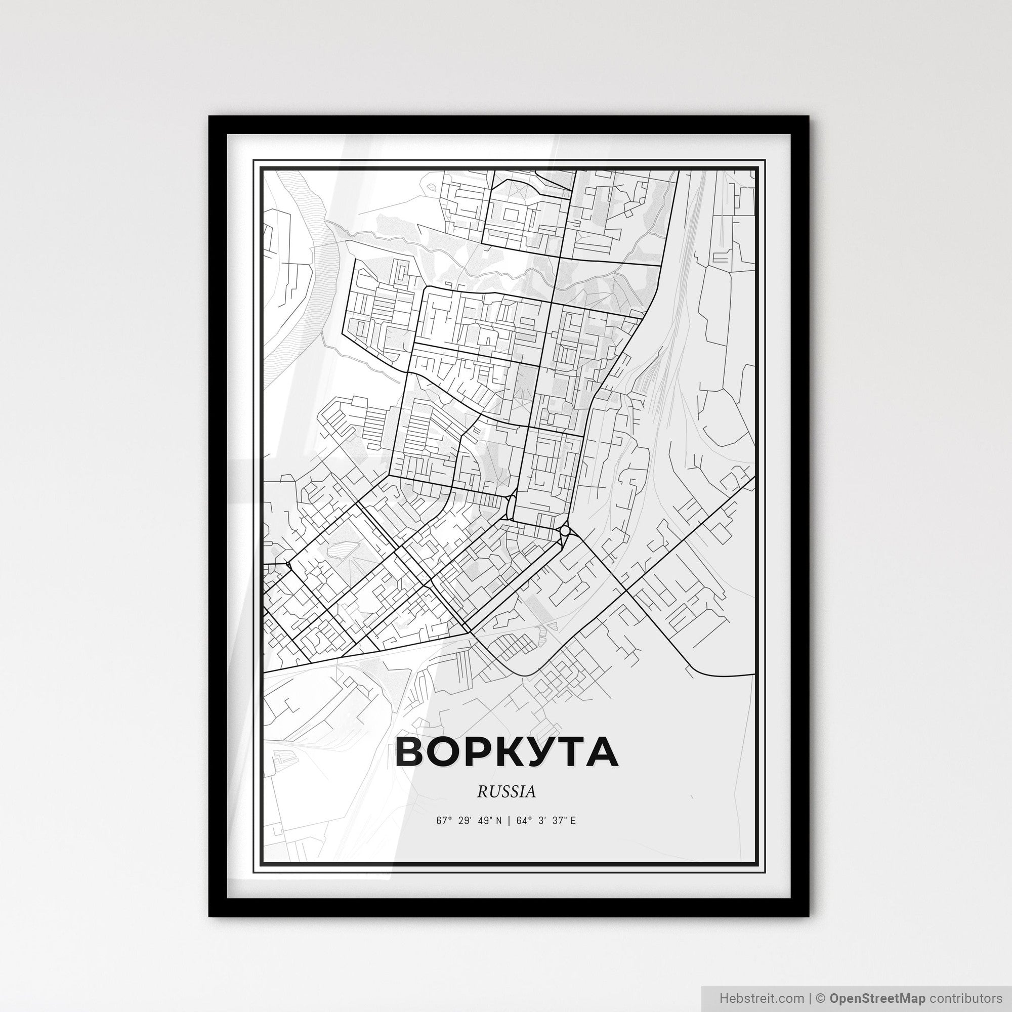 Vorkuta Russia Map - Black and White Art Print – HEBSTREIT