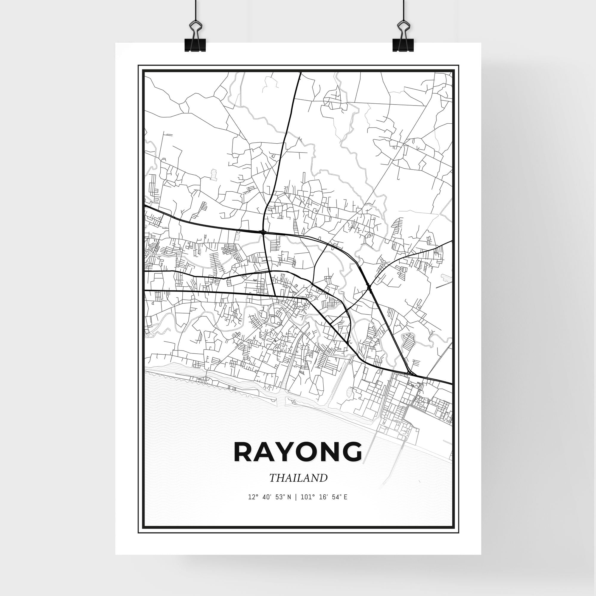 Rayong Thailand Map - Black and White Art Print – HEBSTREIT