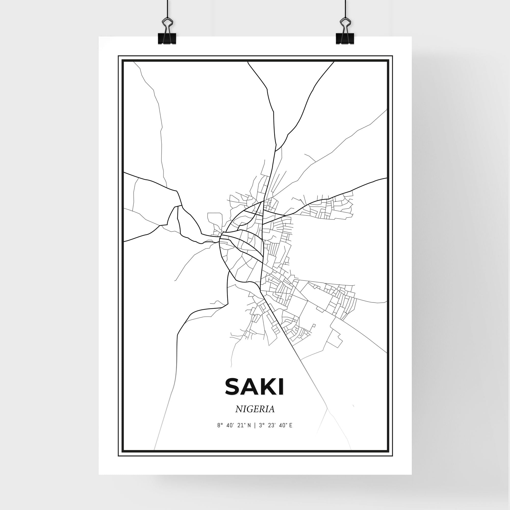 Saki Nigeria Map - Black and White Art Print – HEBSTREIT