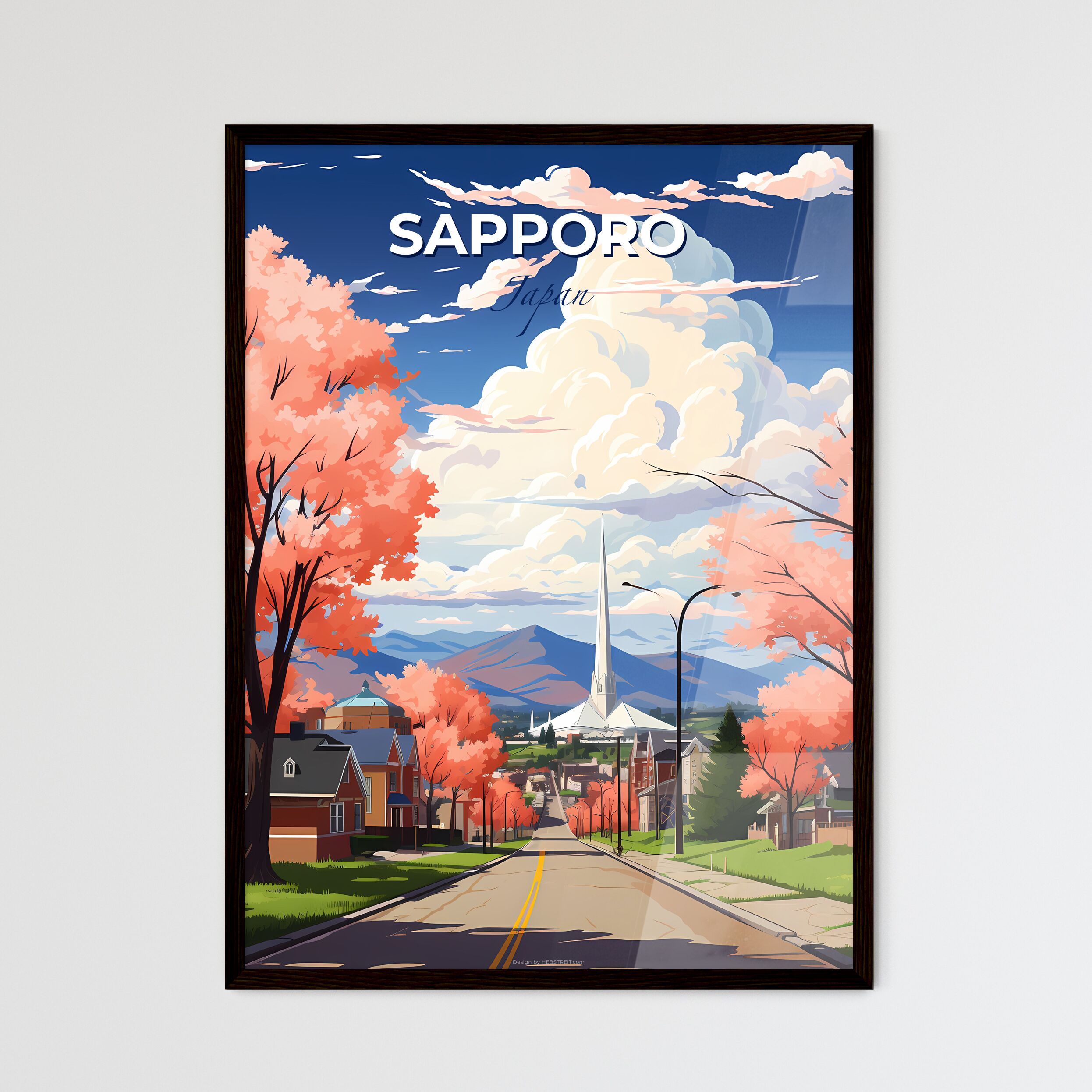 Sapporo Japan Skyline - a road with pink trees and a tower in the ...