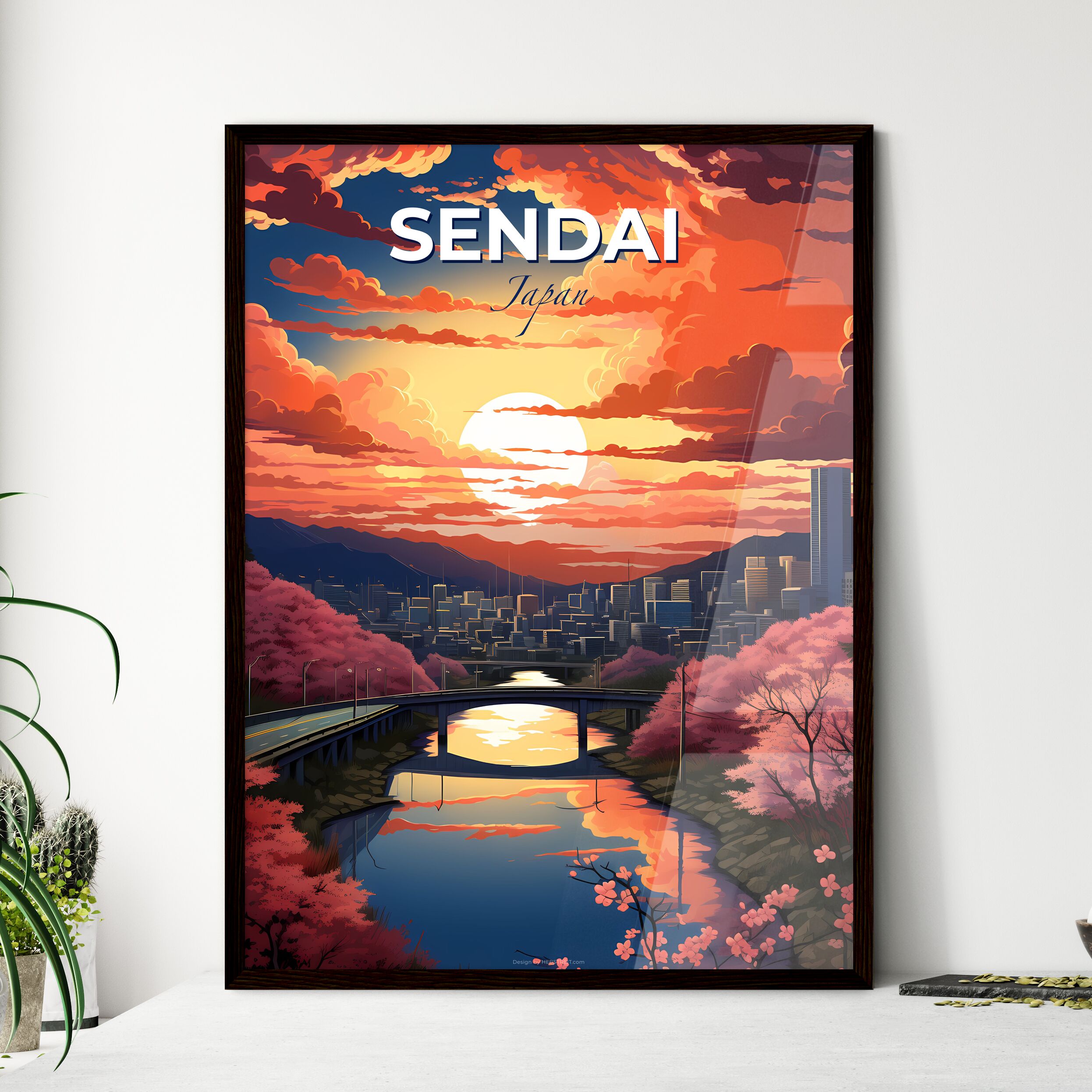 Sendai Japan Skyline - a bridge over a river with pink flowers | AI Art ...