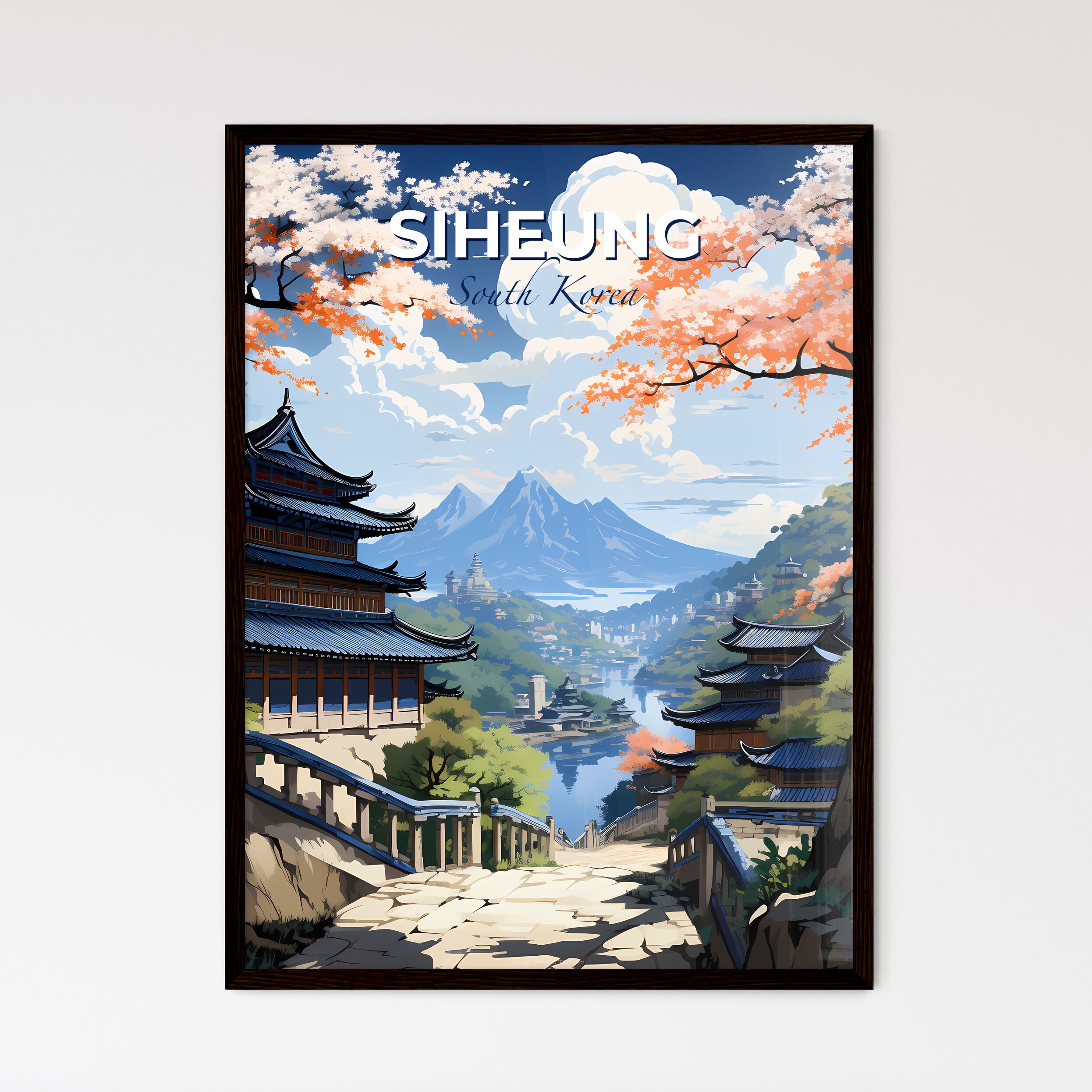 South Korean Mountain Landscape Painting of Siheung Skyline with ...