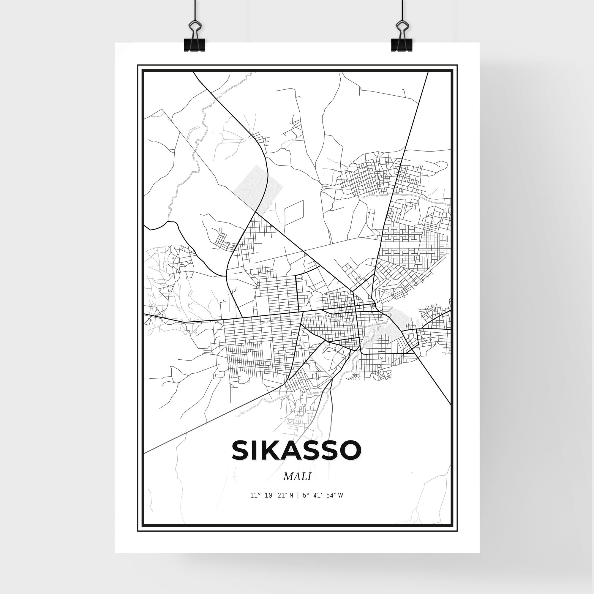Sikasso Mali Map - Black and White Art Print – HEBSTREIT