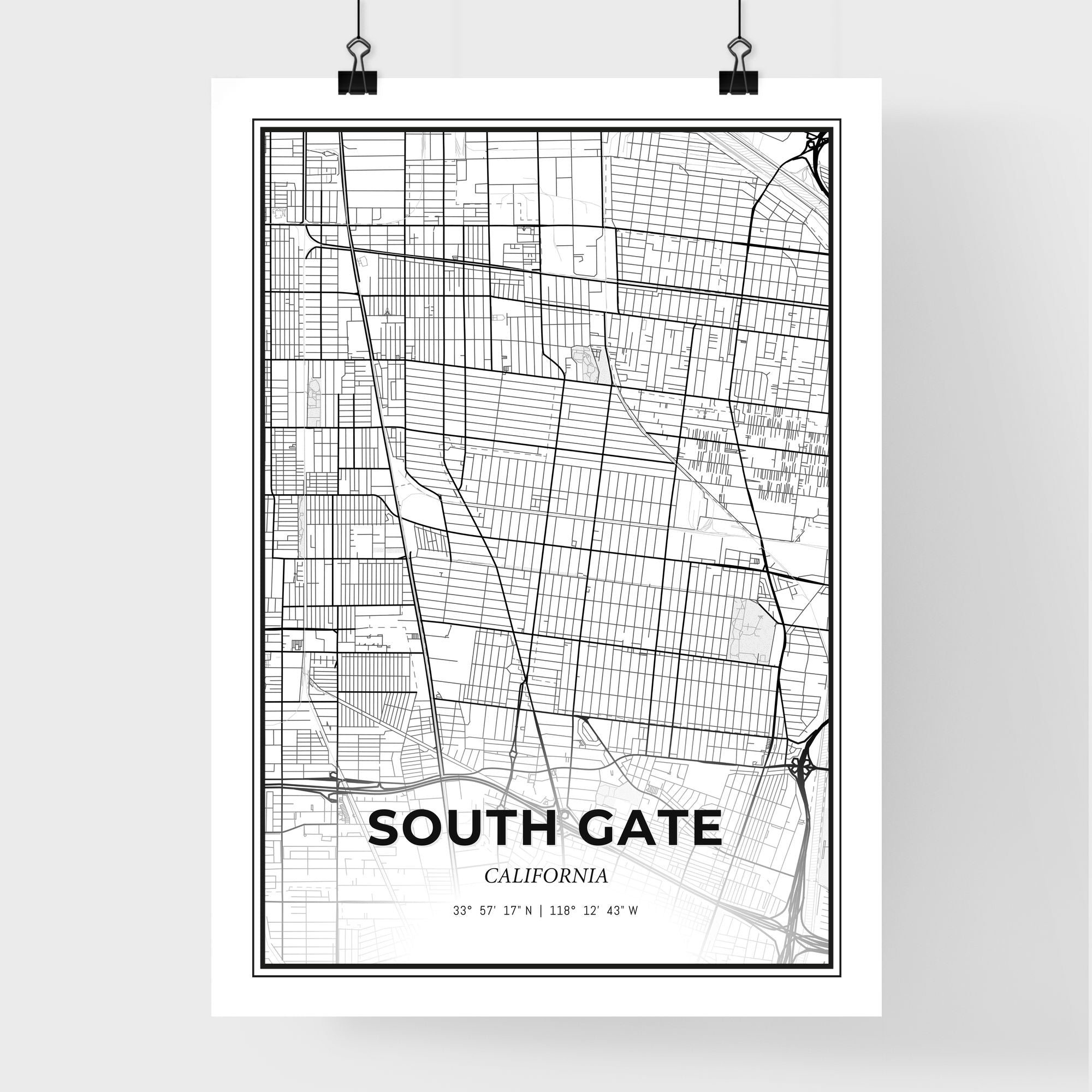South Gate California Map - Black and White Art Print – HEBSTREIT