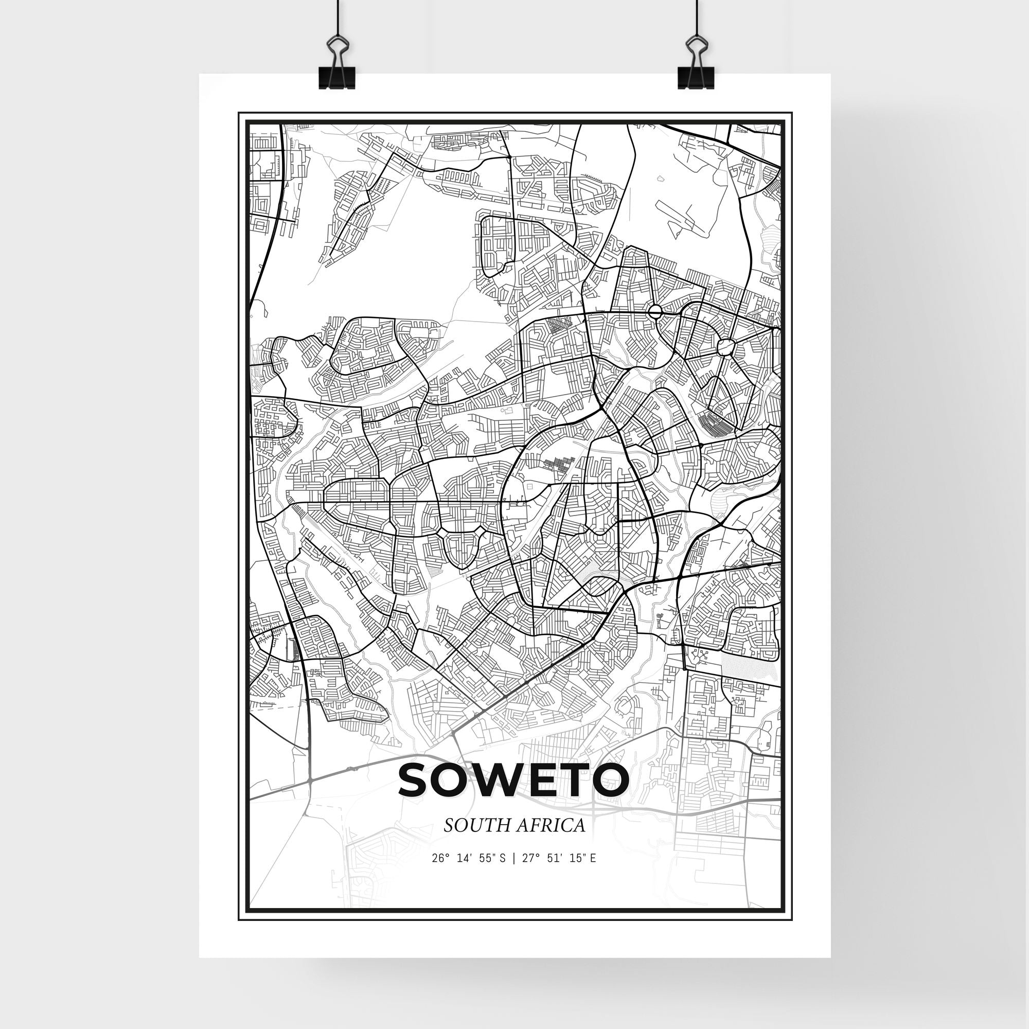 Soweto South Africa Map - Black and White Art Print – HEBSTREIT