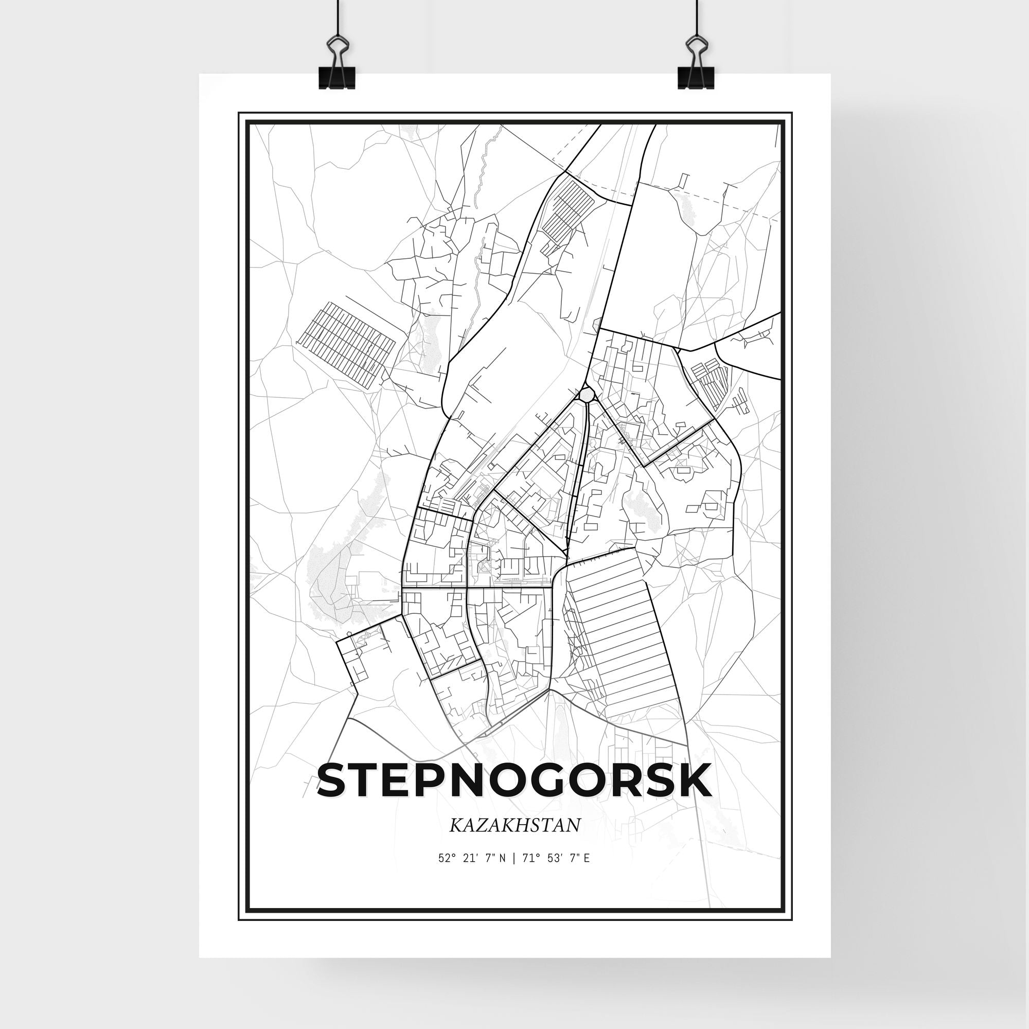 Stepnogorsk Kazakhstan Map - Black and White Art Print – HEBSTREIT