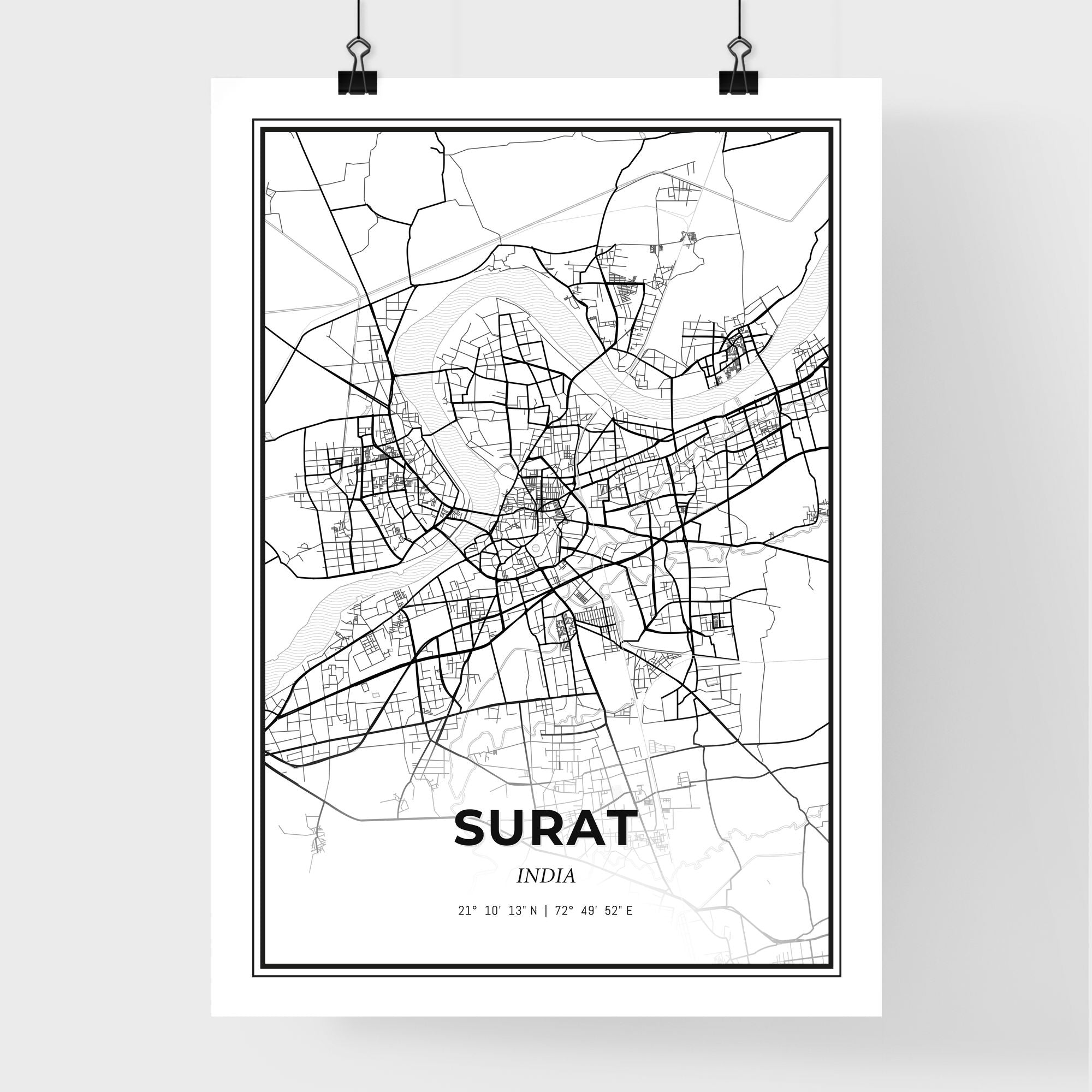 Surat India Map - Black and White Art Print – HEBSTREIT