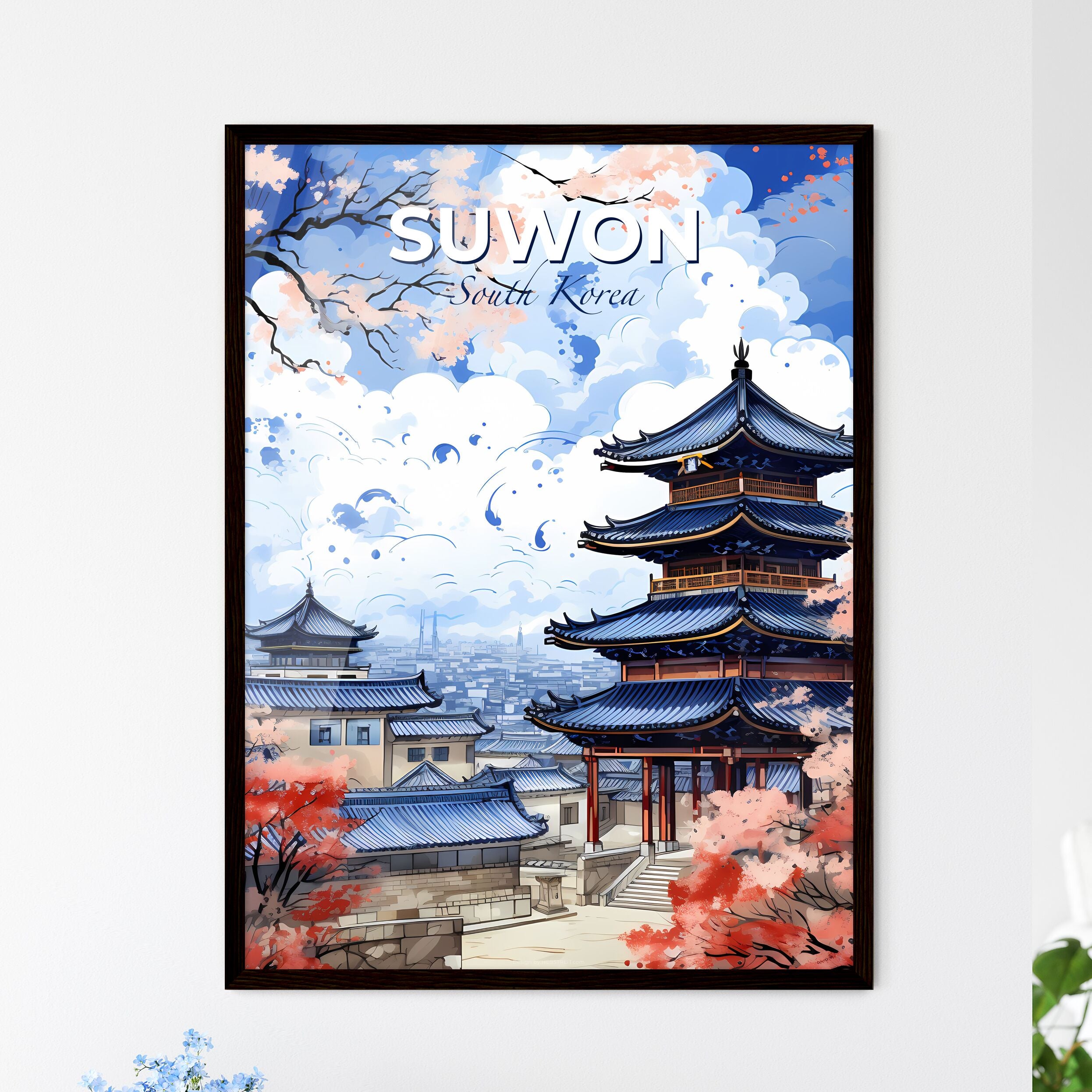 Suwon South Korea Skyline Watercolor Painting with Cherry Blossoms | AI ...