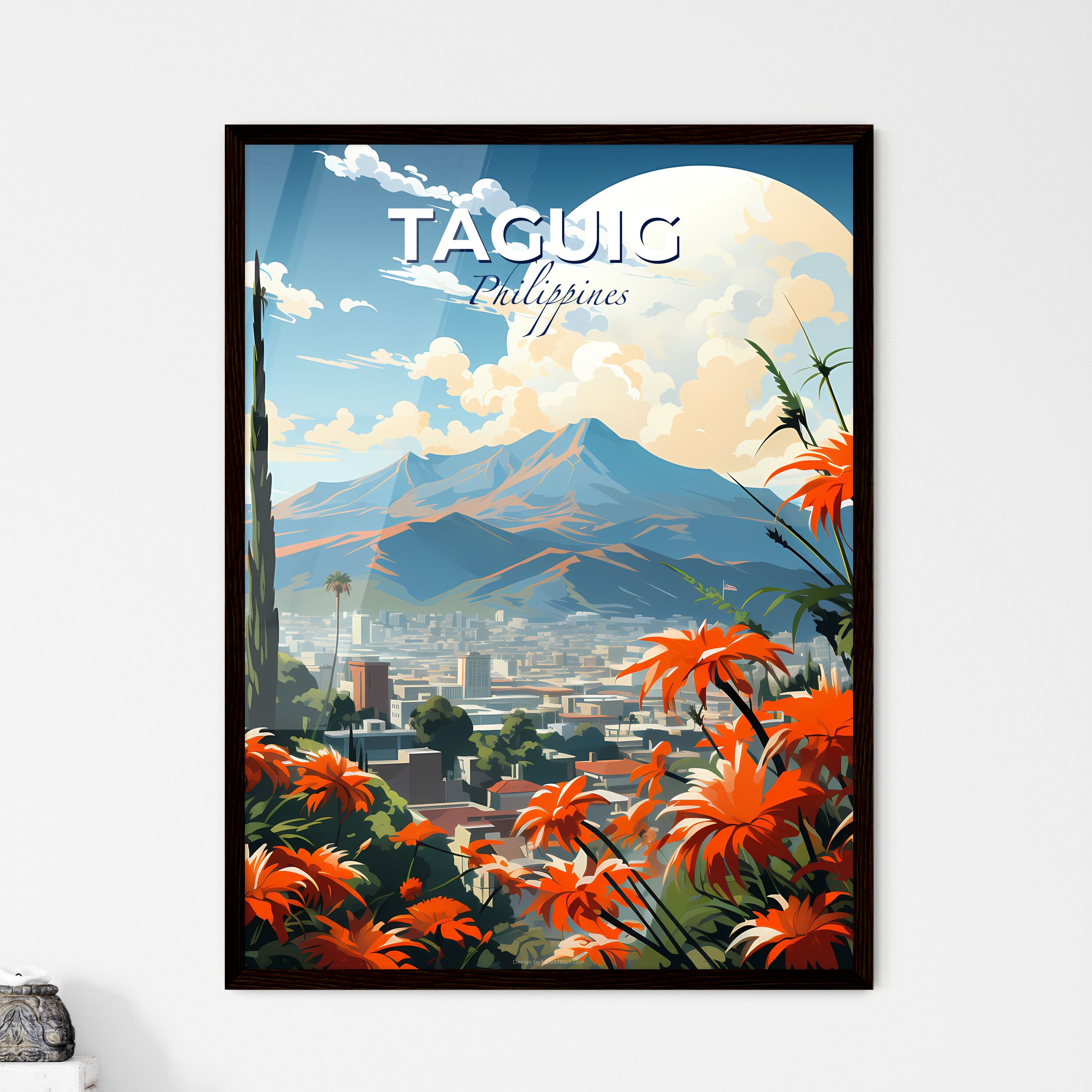Taguig Philippines Skyline - a painting of a city with orange flowers ...