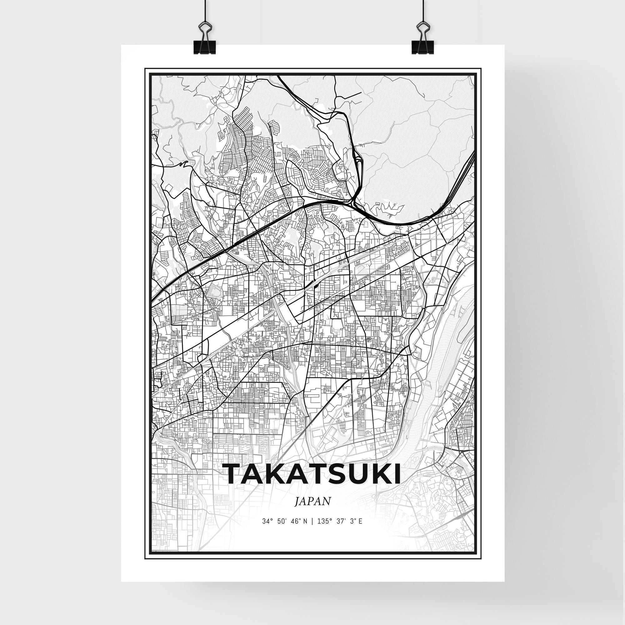 Takatsuki Japan Map - Black and White Art Print – HEBSTREIT