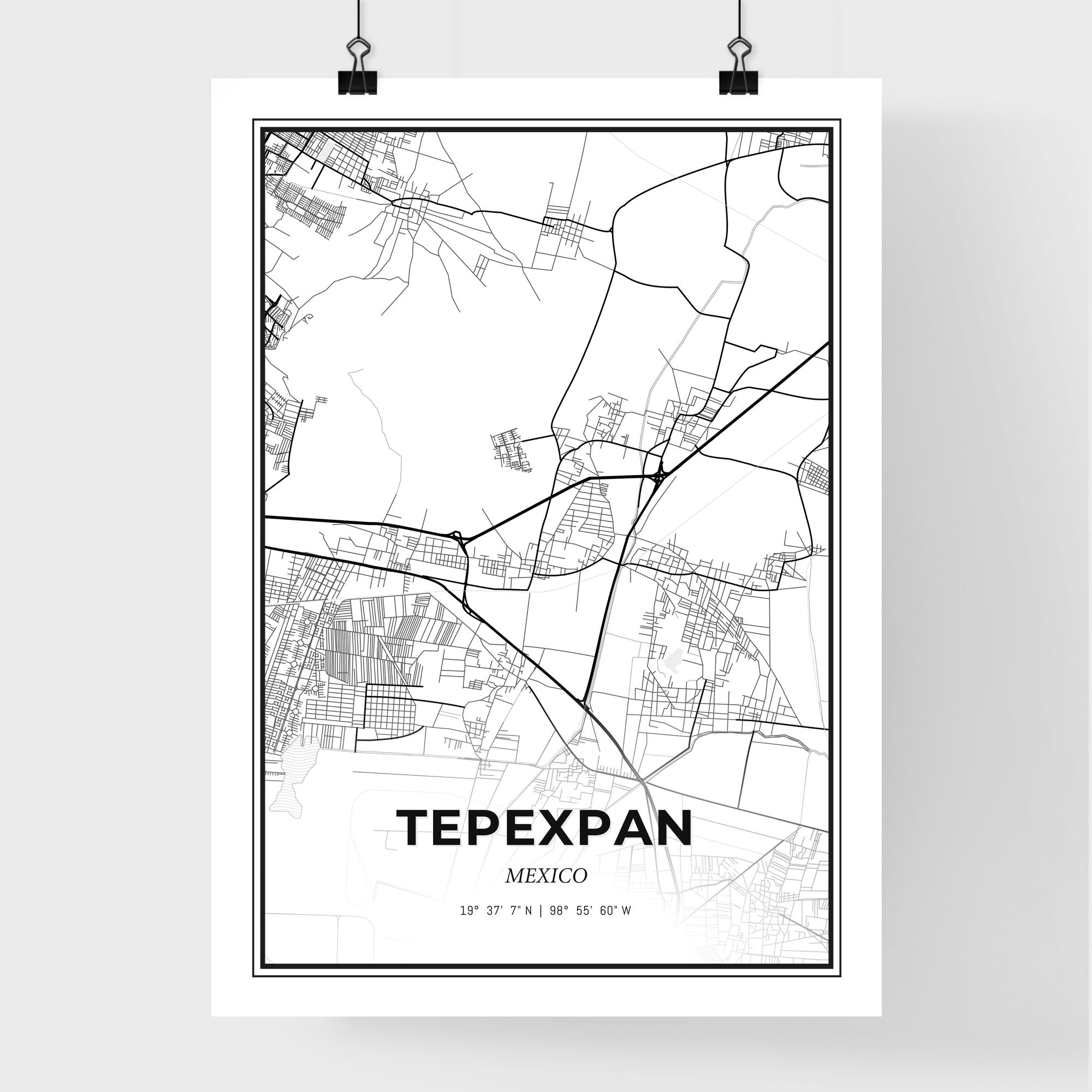Tepexpan Mexico Map - Black and White Art Print – HEBSTREIT
