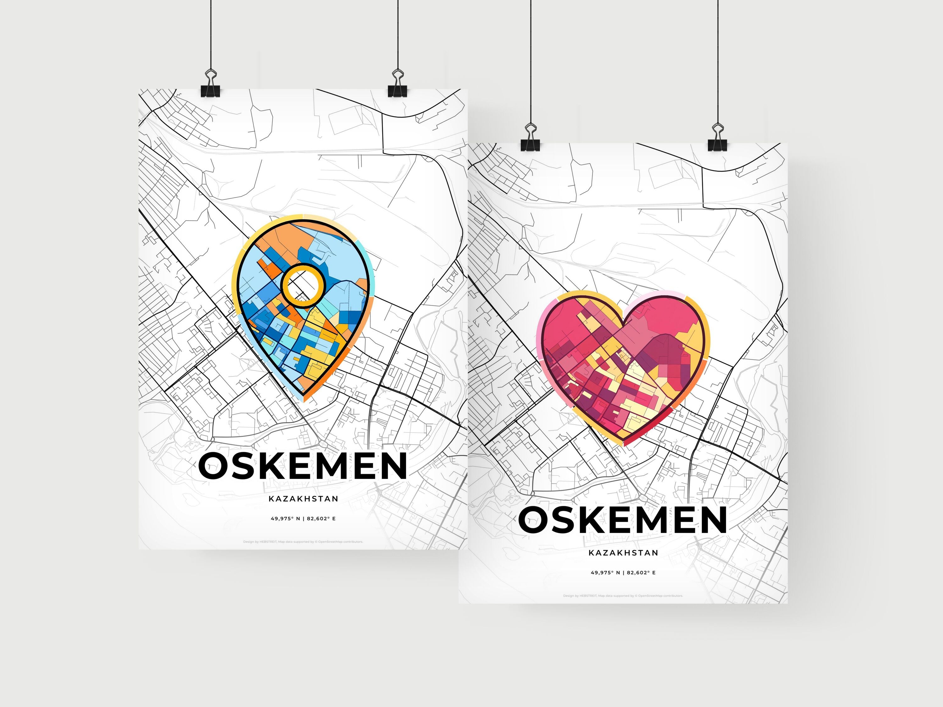OSKEMEN KAZAKHSTAN minimal art map with a colorful icon. Creative city ...