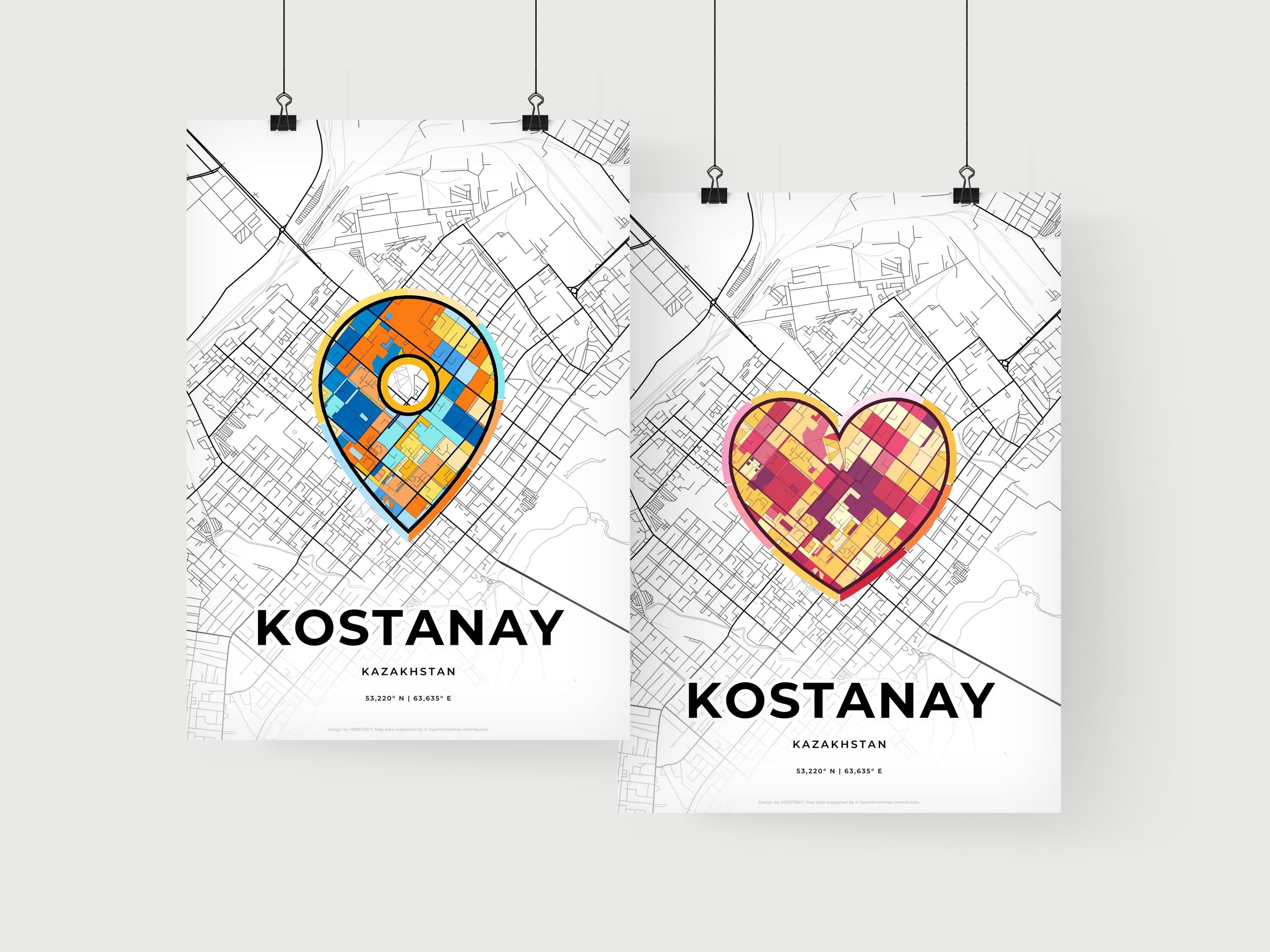 KOSTANAY KAZAKHSTAN minimal art map with a colorful icon. Creative city ...