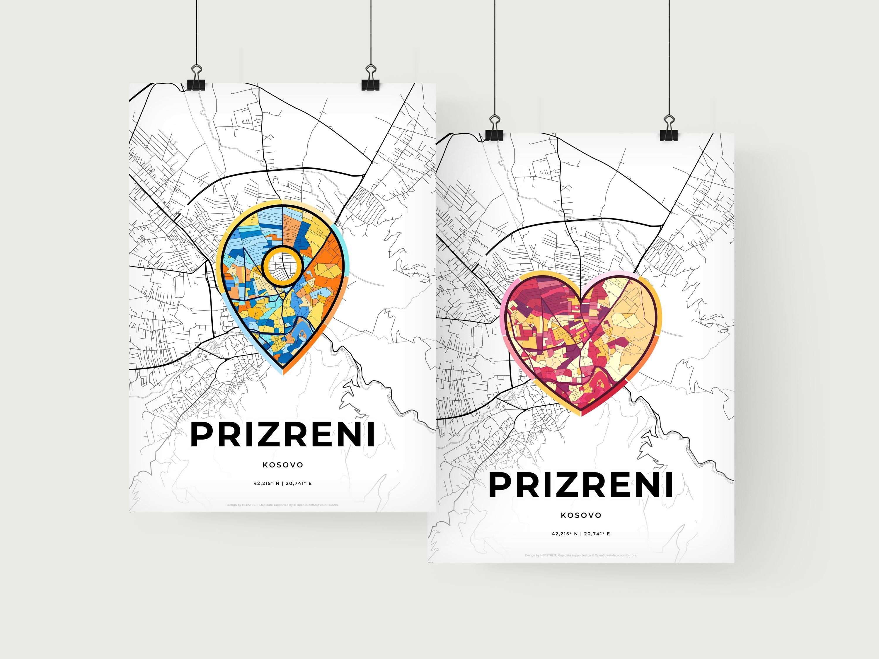 Art Map of Prizreni / Prizren Kosovo, Minimal Art Map With A Colorful ...