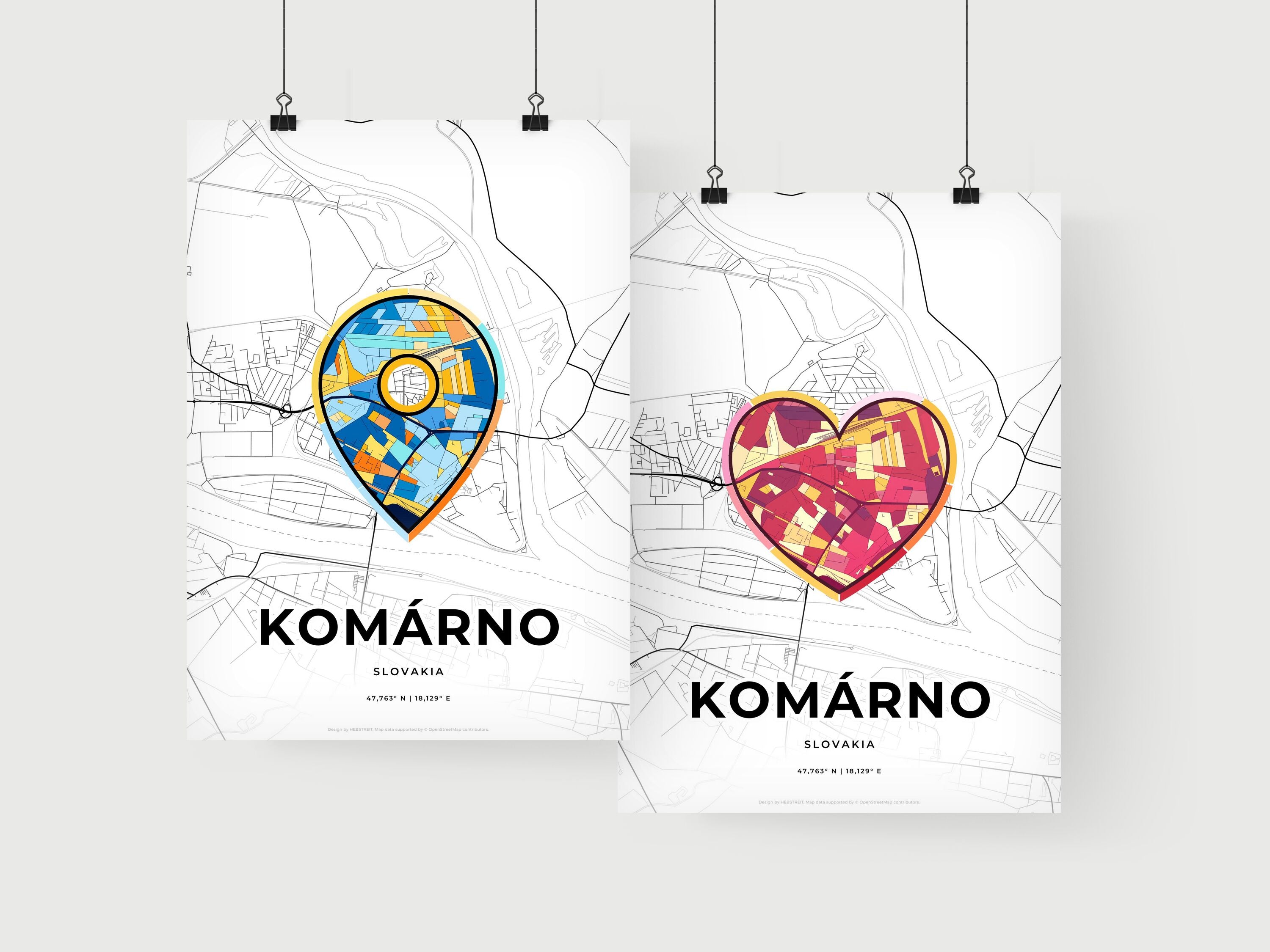 Art Map of Komárno Slovakia, Minimal Art Map With A Colorful Icon ...