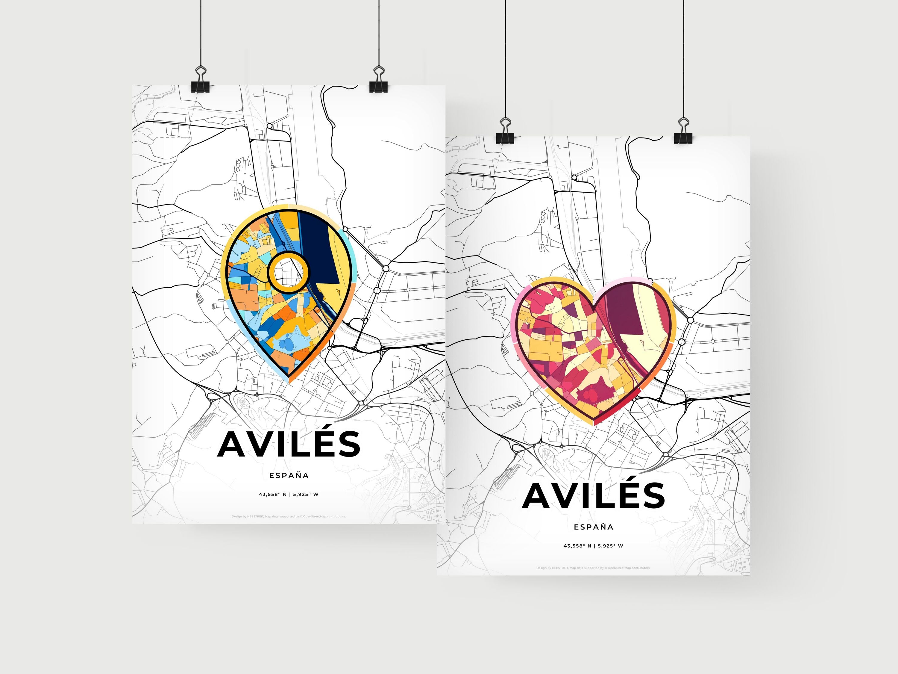 AVILÉS SPAIN minimal art map with a colorful icon. Creative city map ...