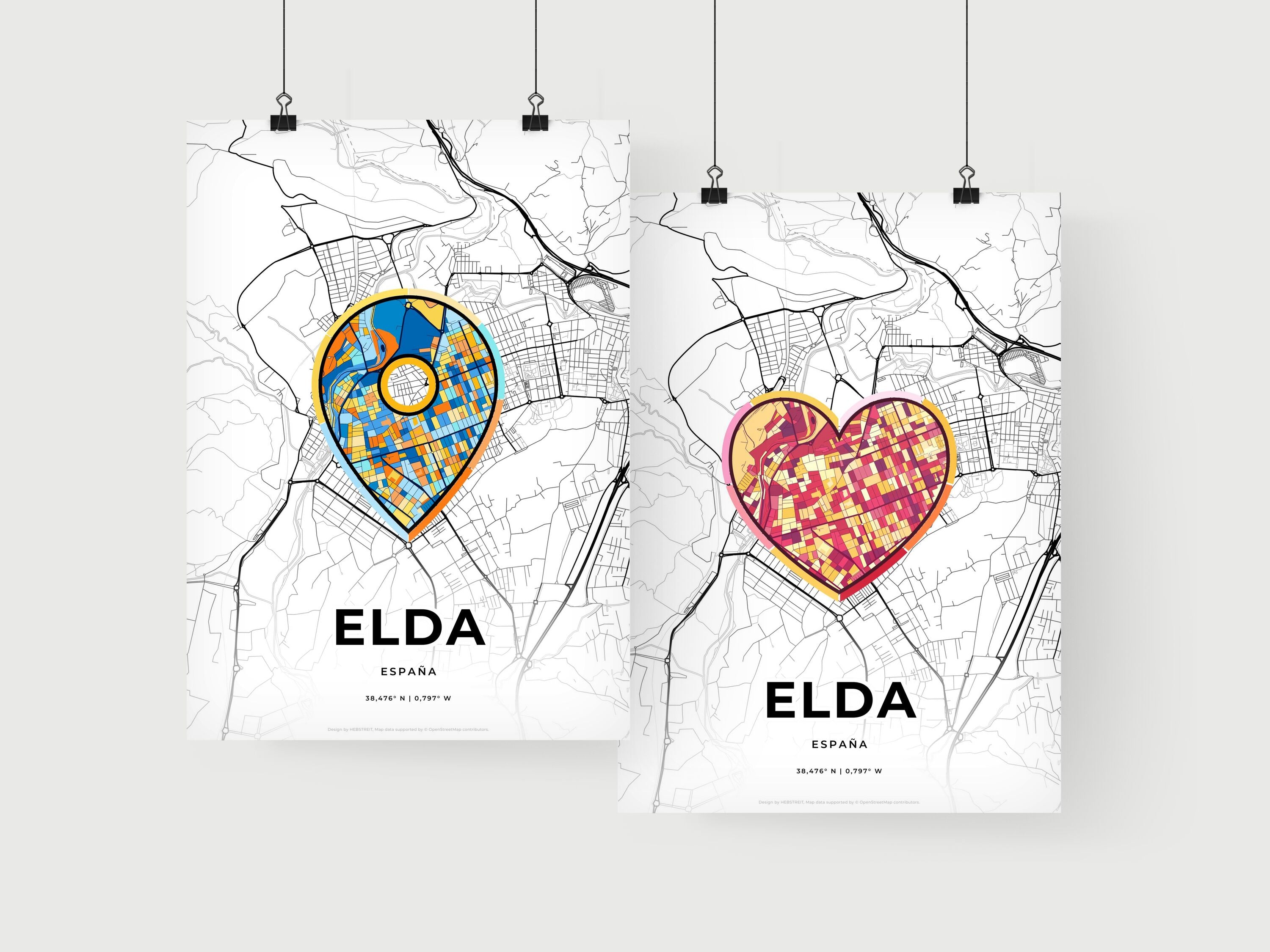 Art Map of Elda Spain, Minimal Art Map With A Colorful Icon – HEBSTREIT