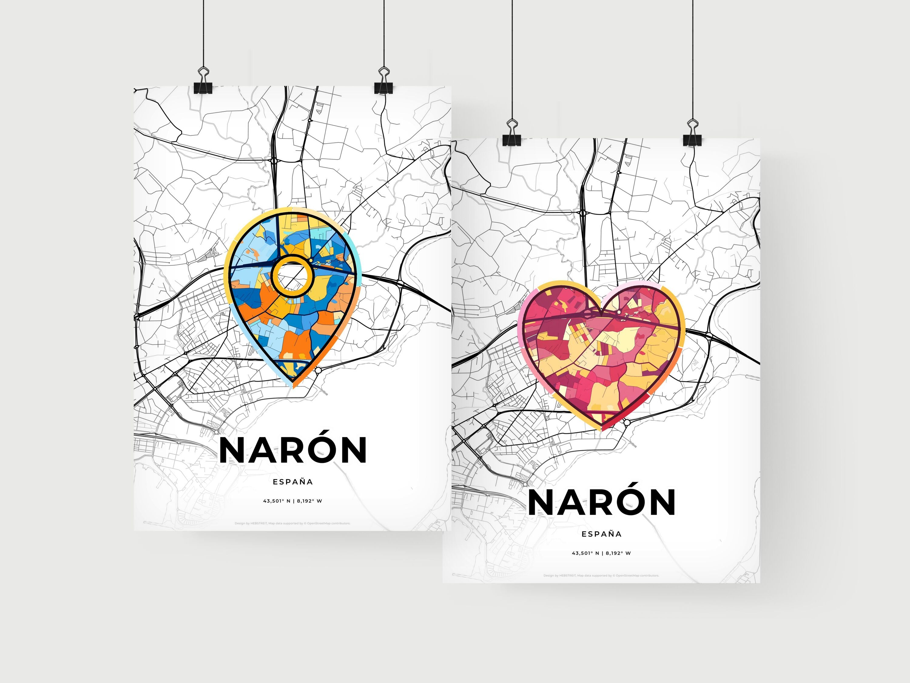NARÓN SPAIN minimal art map with a colorful icon. Creative city map ...